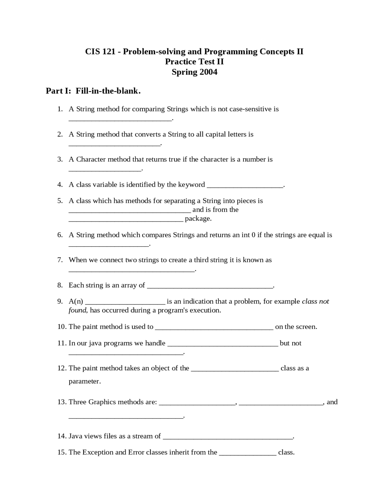 Practice Test 2 Problem Solving And Programming Concepts Ii Cis 121 Docsity
