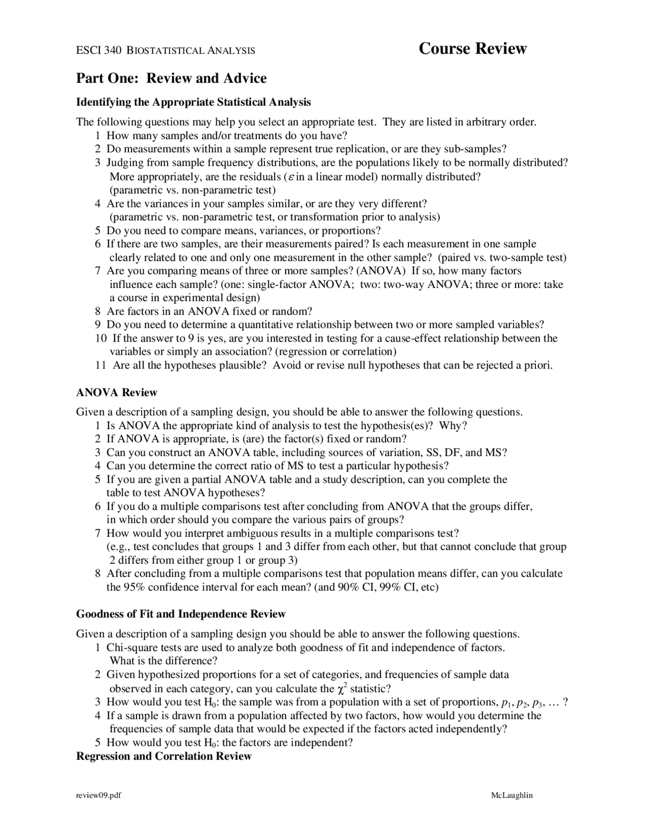 Exam 4 Questions For Biostatistical Analysis Esci 340 Docsity