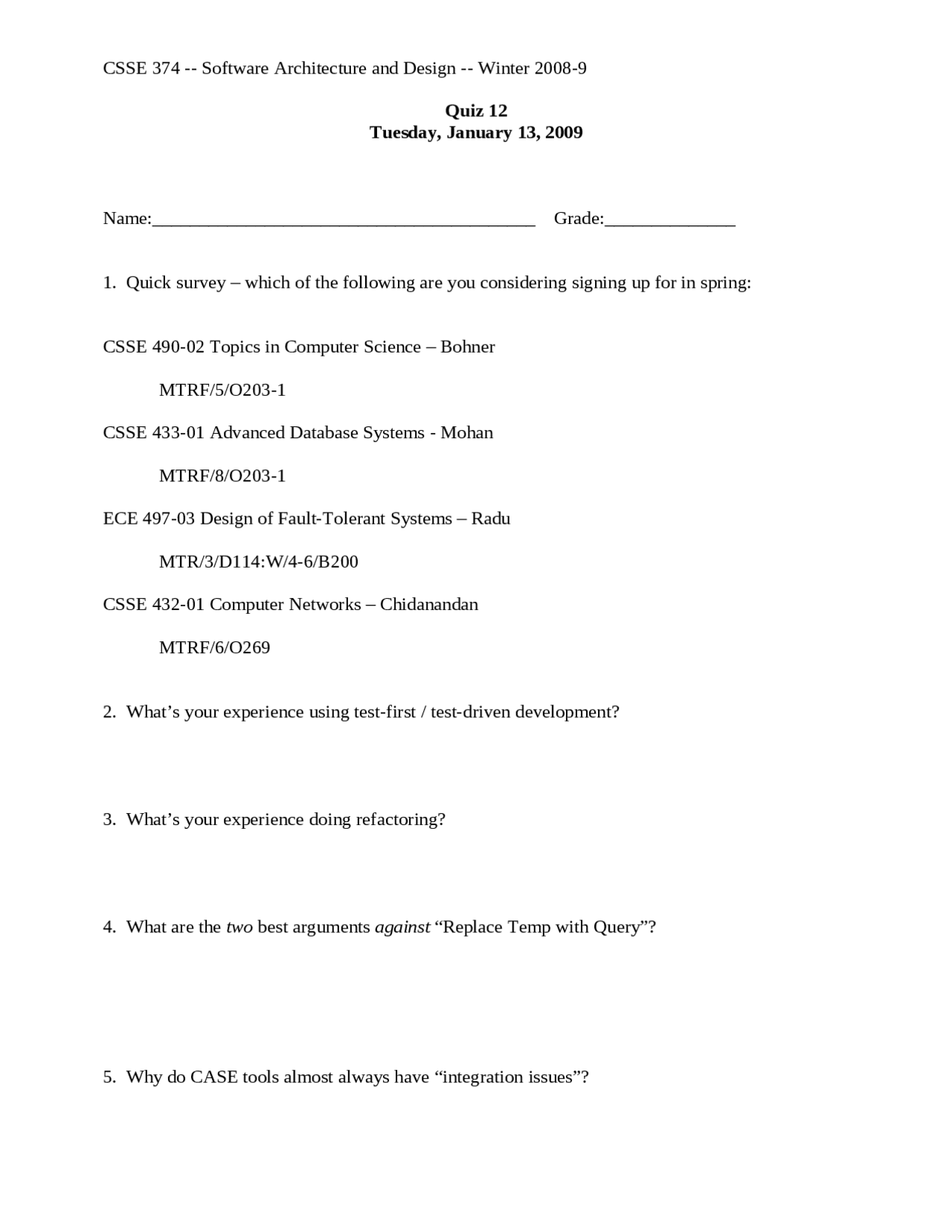 Practice Quiz 12 On Software Architecture And Design Csse 490 Docsity