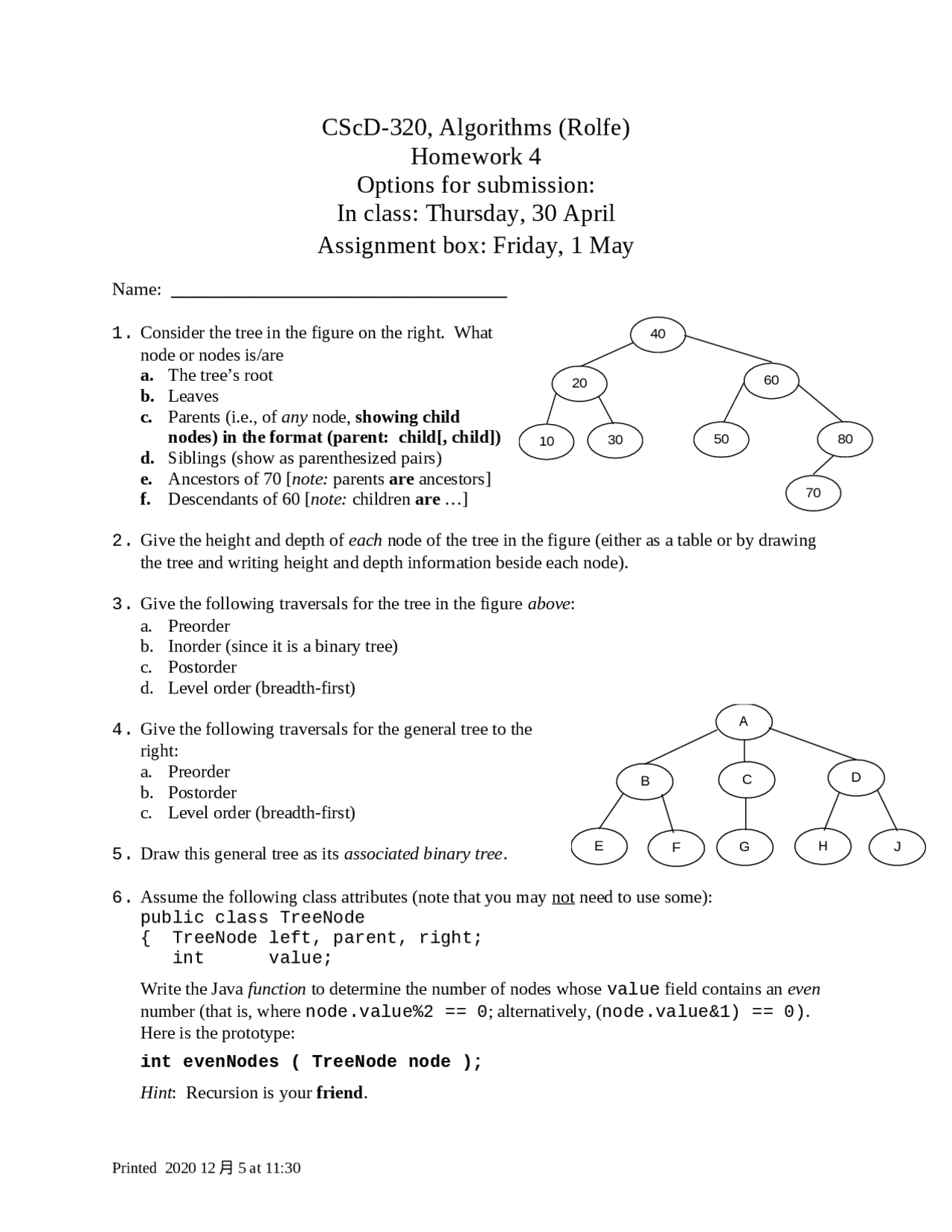 Homework 4 Practice Problems on Algorithms | CSCD 320 - Docsity