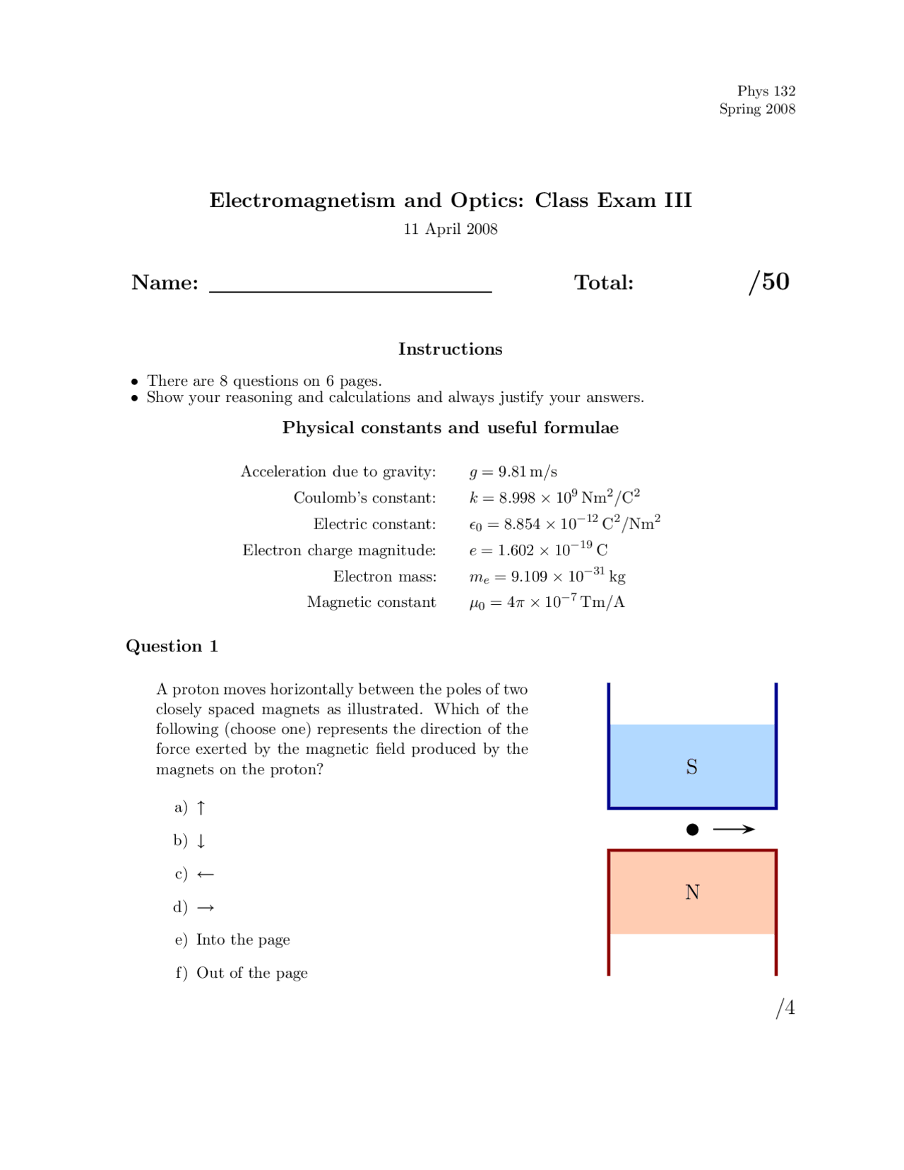 Exam 3 Questions for Electromagnetism and Optics | PHYS 132 - Docsity
