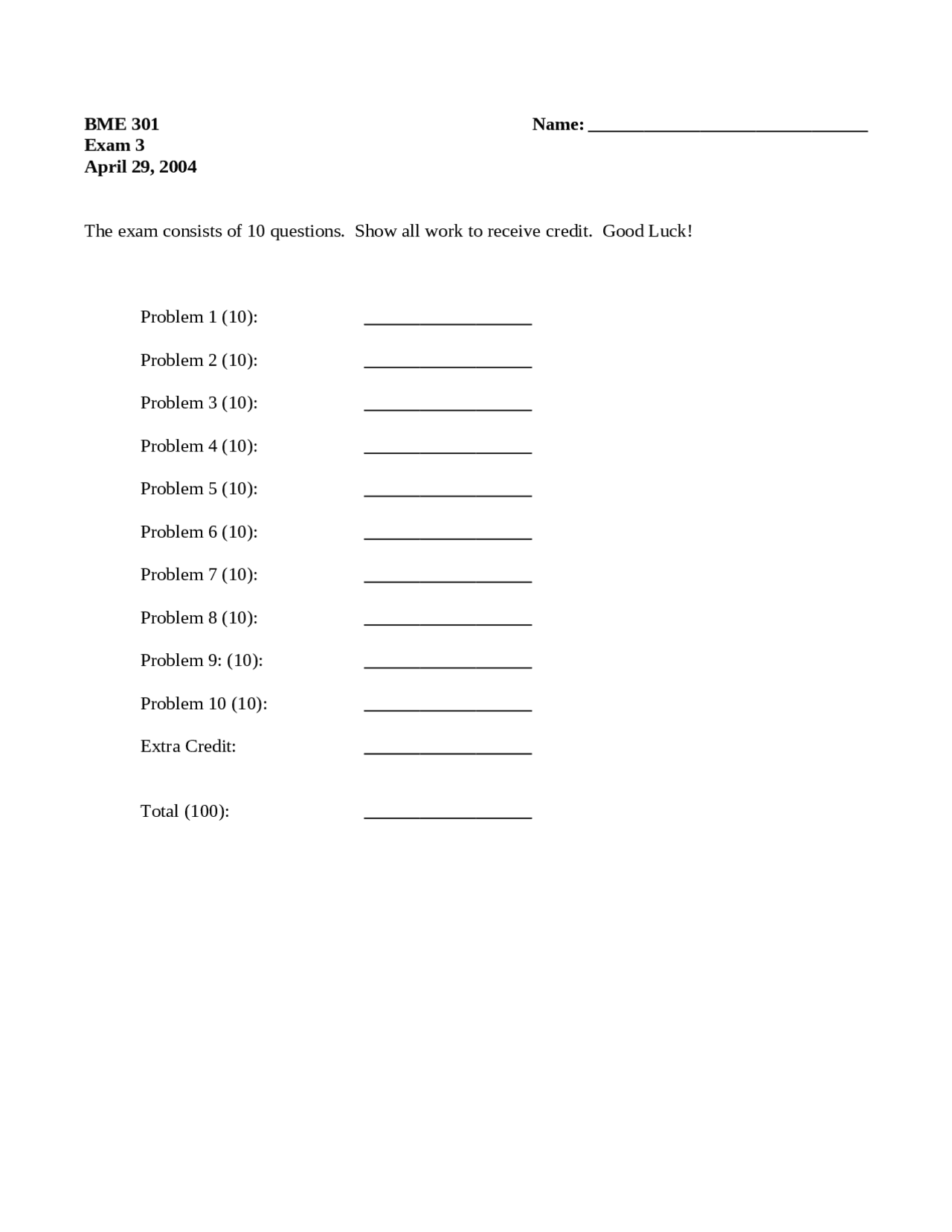 10 Problems Exam 3 Bioengineering Bioe 301 Docsity