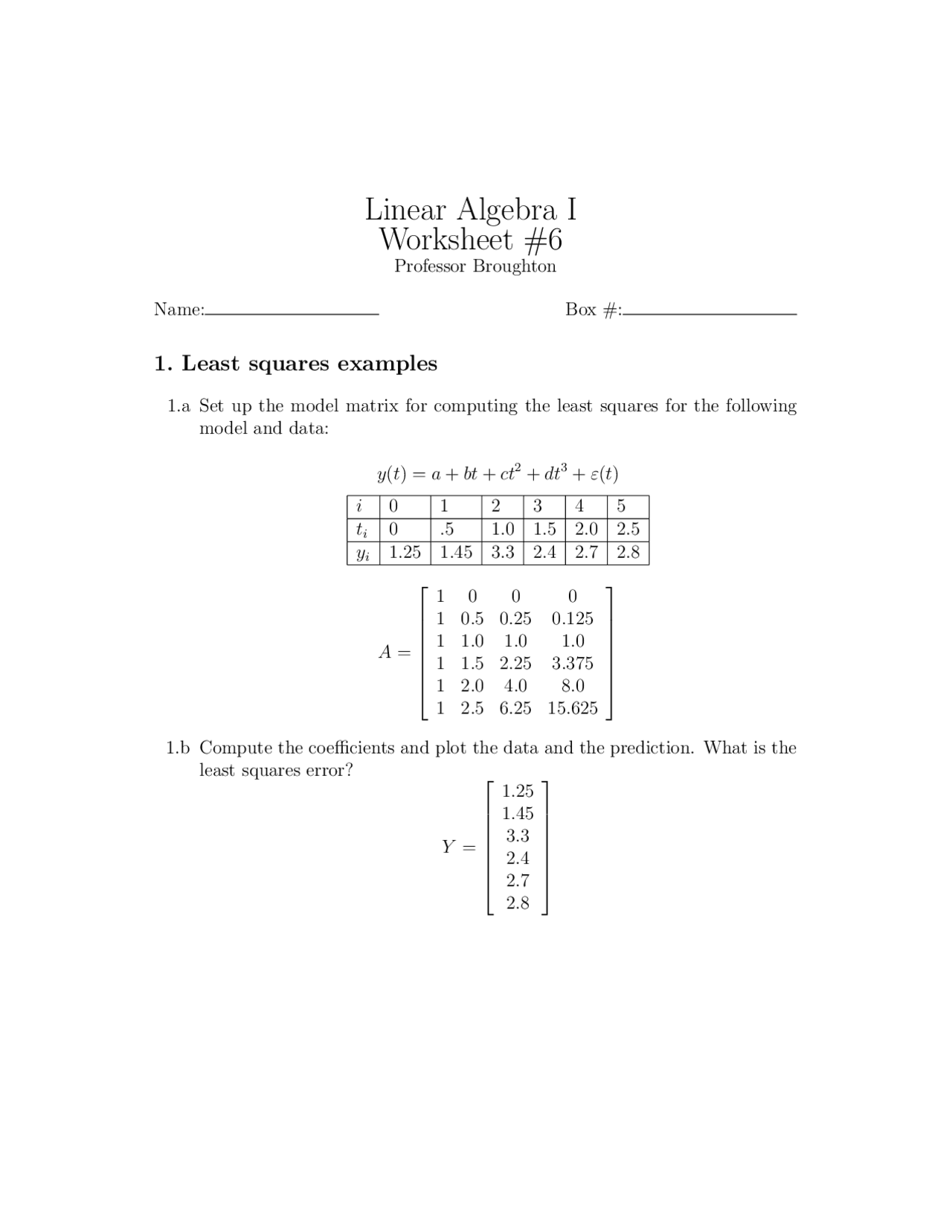 Worksheet 6 For Linear Algebra I Ma 371 Docsity