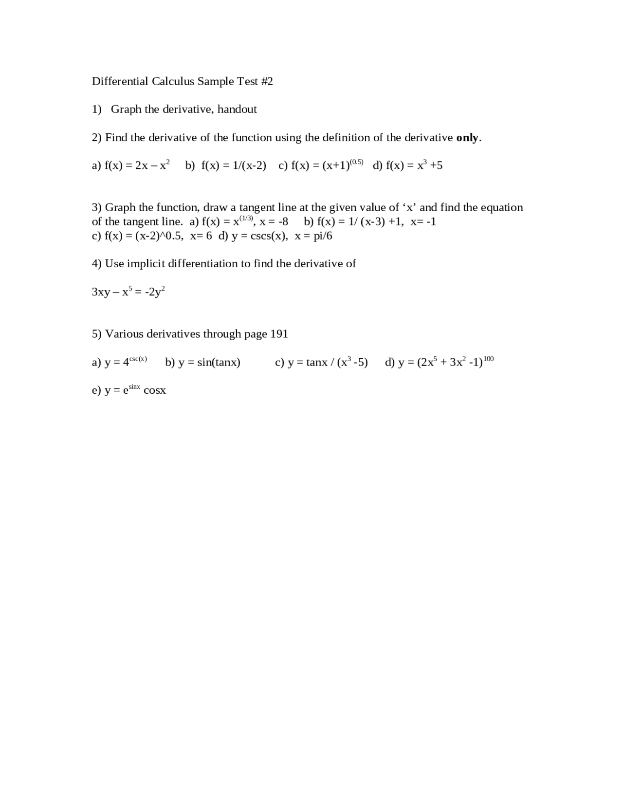 Final Exam For Differential Calculus Calculus I Ma 125 Docsity
