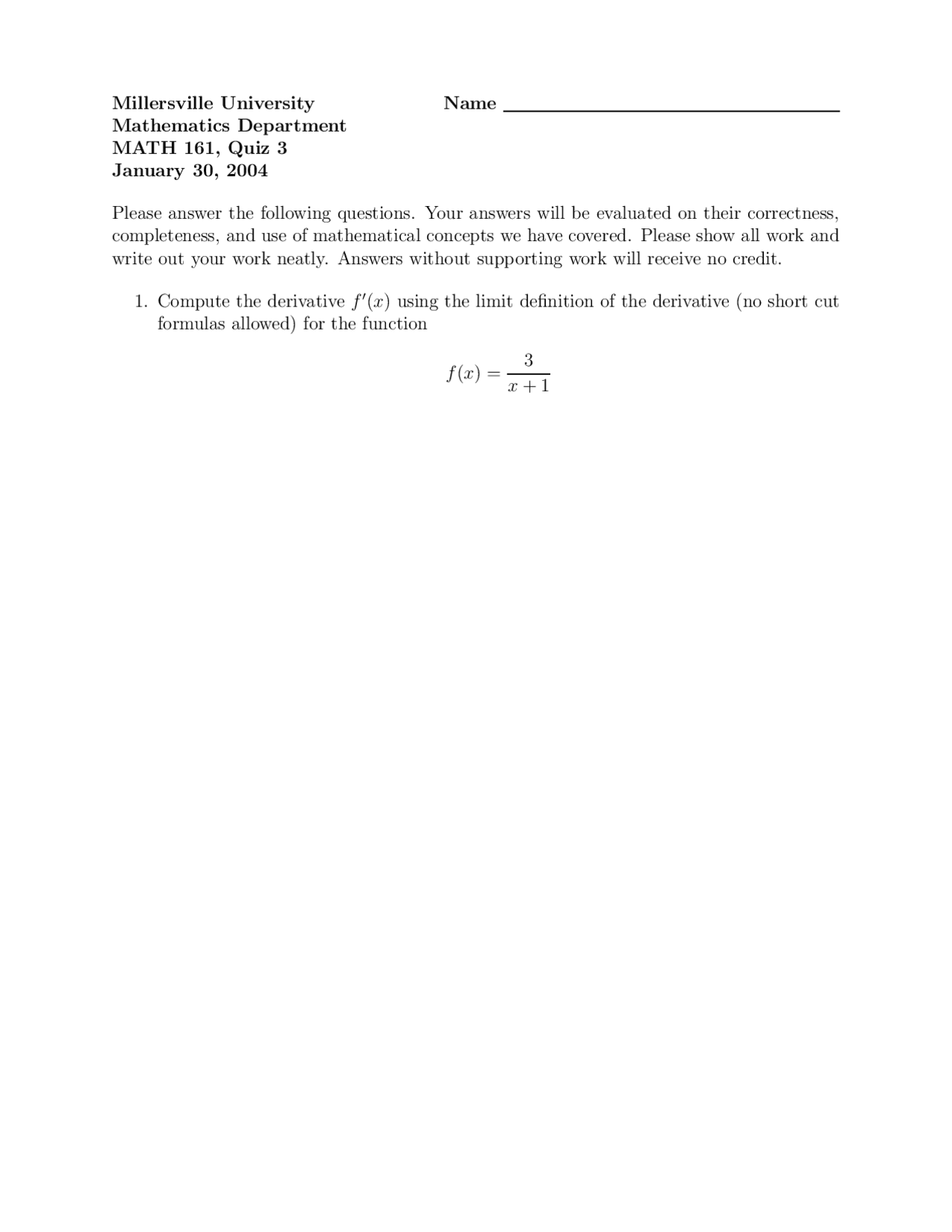 Quiz 3 For Derivative Computation Calculus 1 2004 Math 161 Docsity