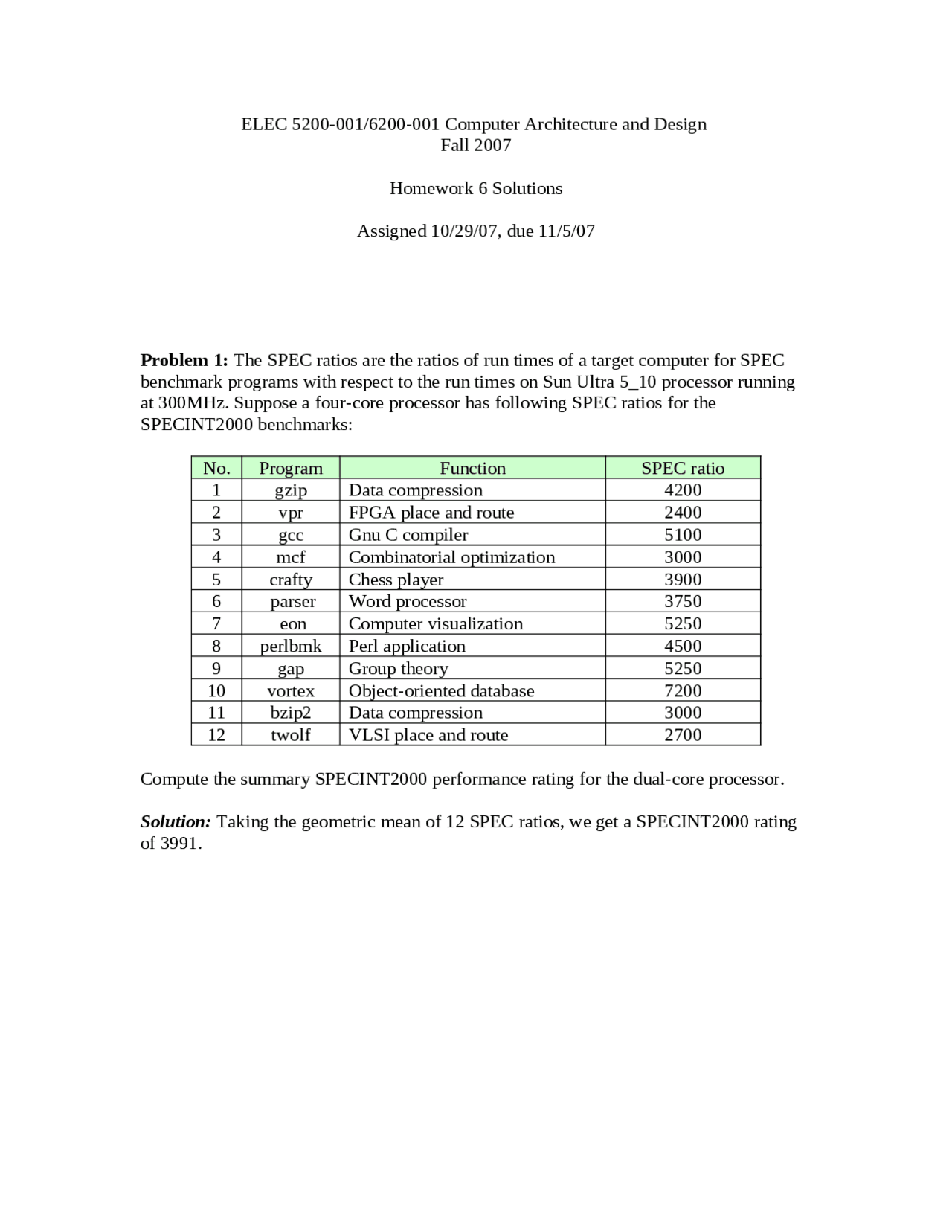 Homework 6 Solutions Computer Architecture And Design Elec 5200 Docsity