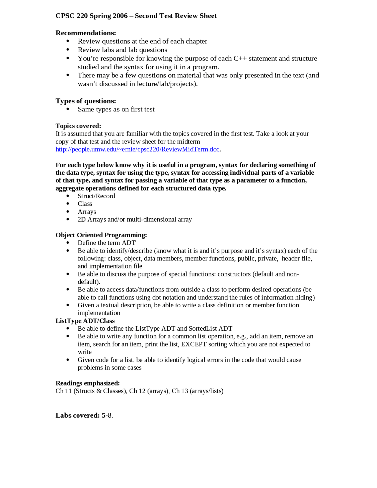 CPSC 220 Spring 2006 - Second Test Review Sheet | Exams Computer ...