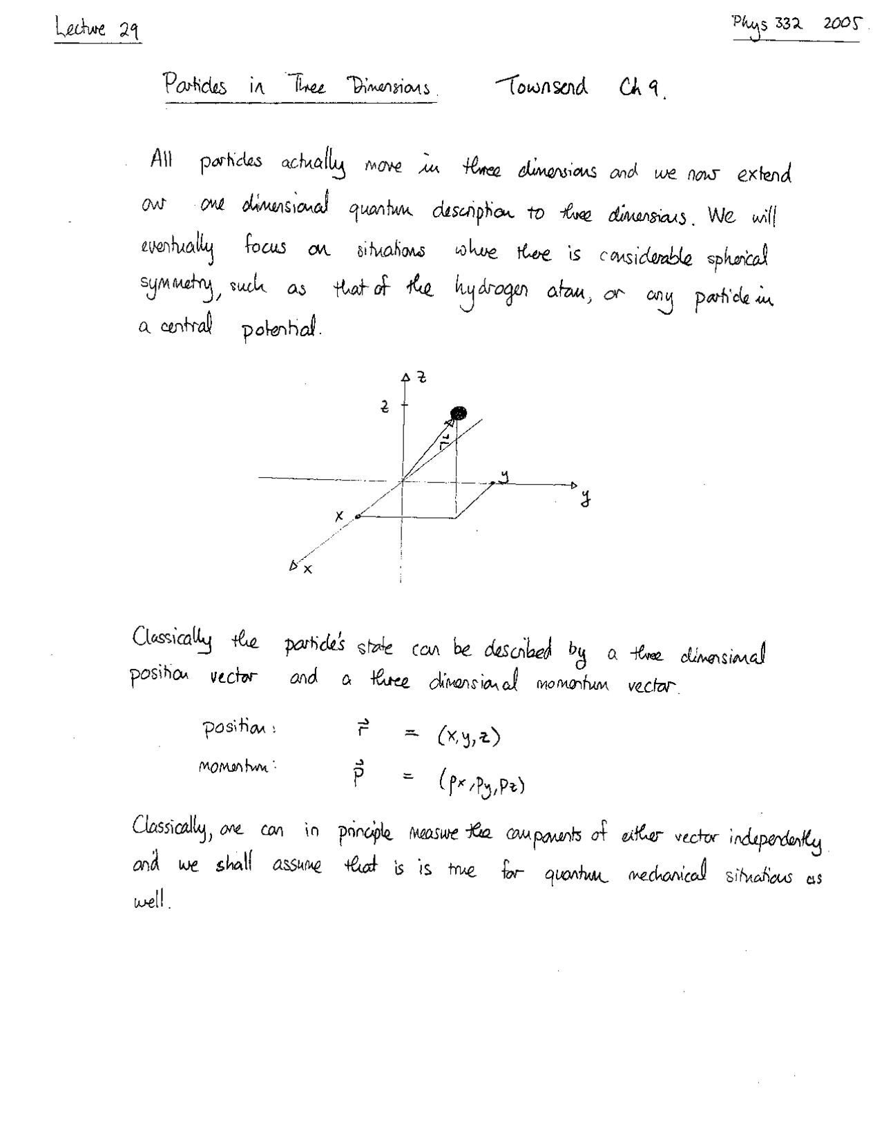 Particles In Three Dimensions Handwritten Notes Phys 332 Docsity