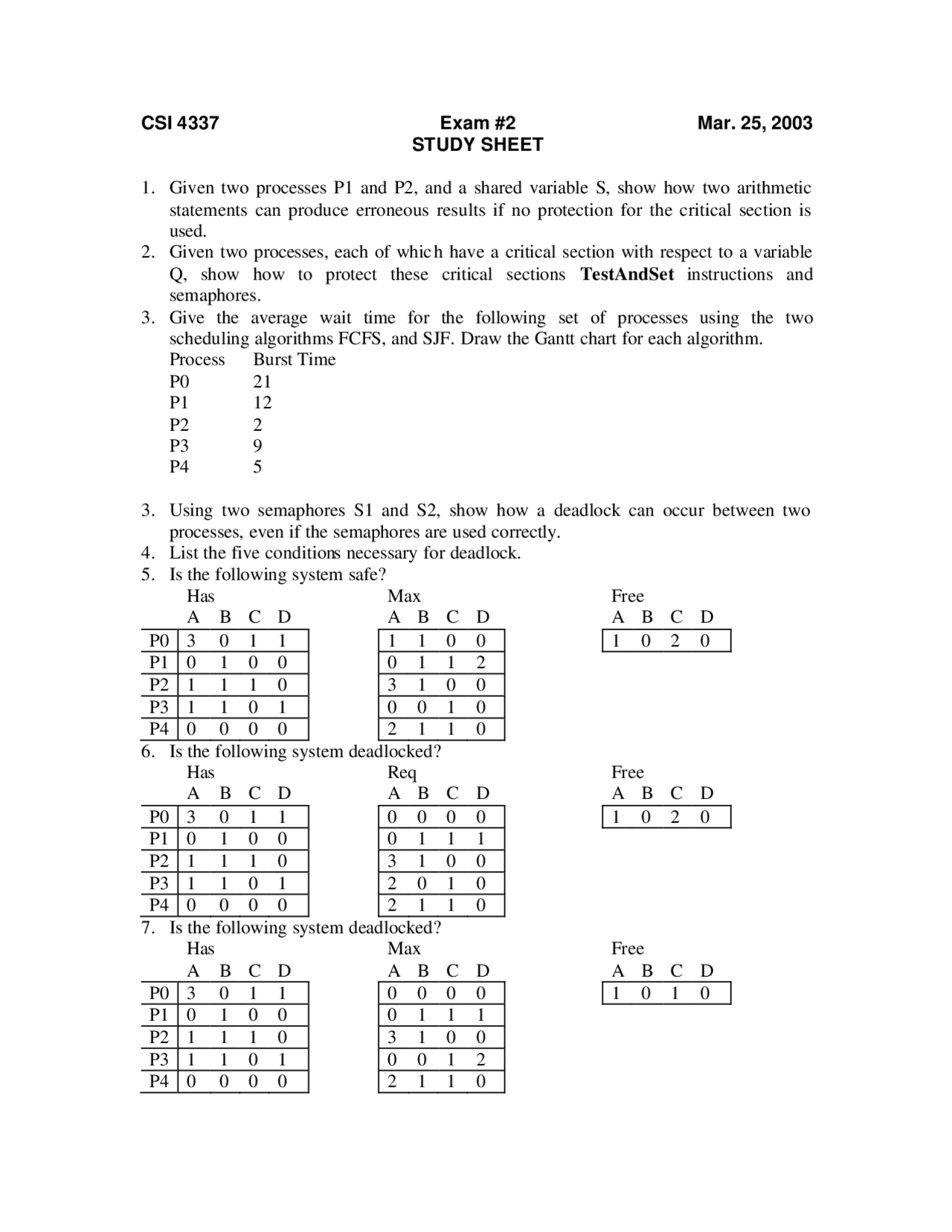 6 Problems On Operating Systems Exam 2 Review Csi 4337 Docsity
