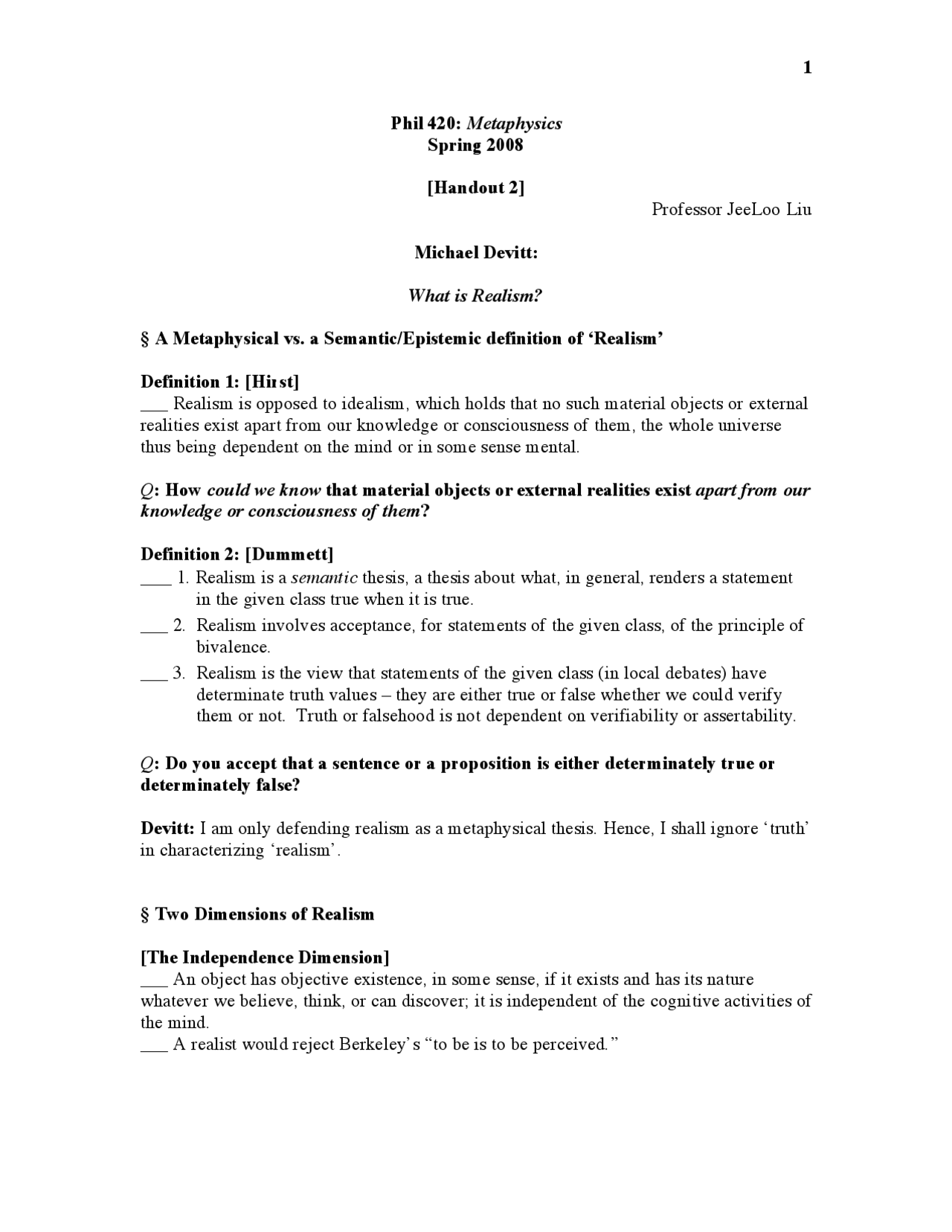 What is Realism - Handout 2 on Metaphysics | PHIL 420 - Docsity
