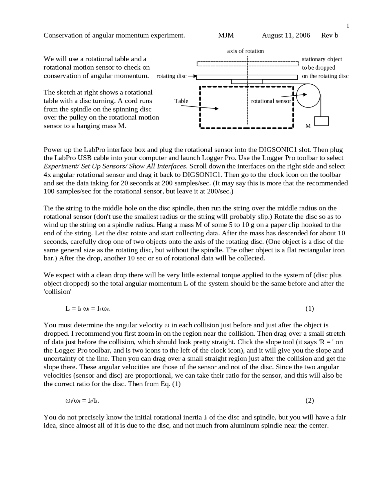 Conservation of Angular Momentum Experiment - Lab | PH 235 - Docsity