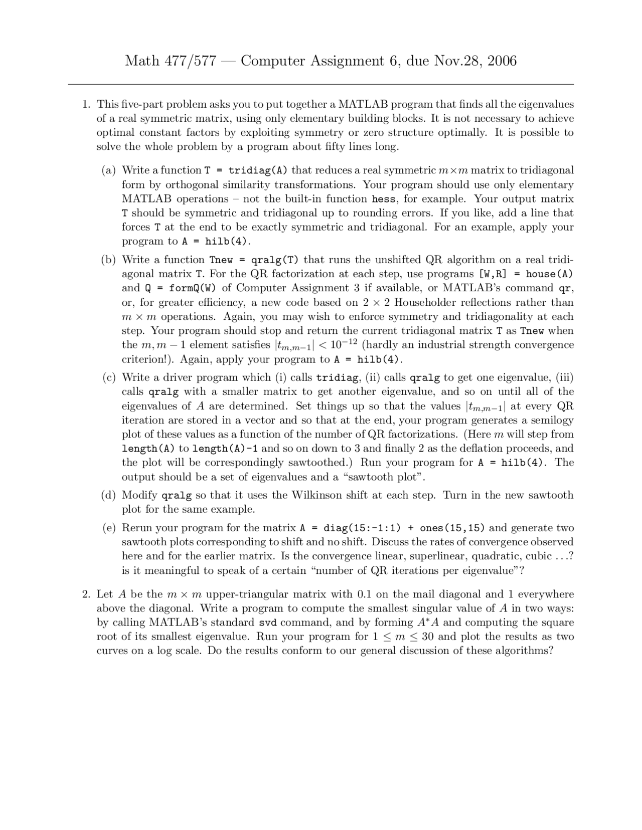 Numerical Linear Algebra - Sample 2 Questions | MATH 477 - Docsity