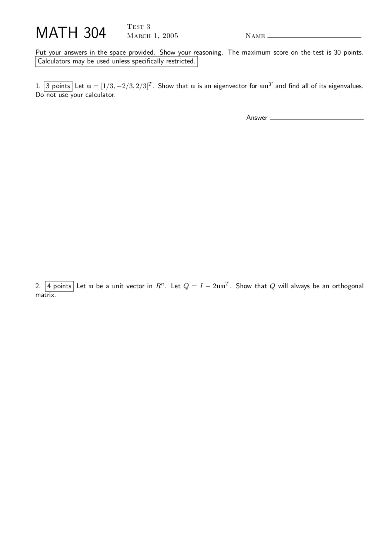 Unsolved Exam 3 Linear Algebra Math 304 Docsity