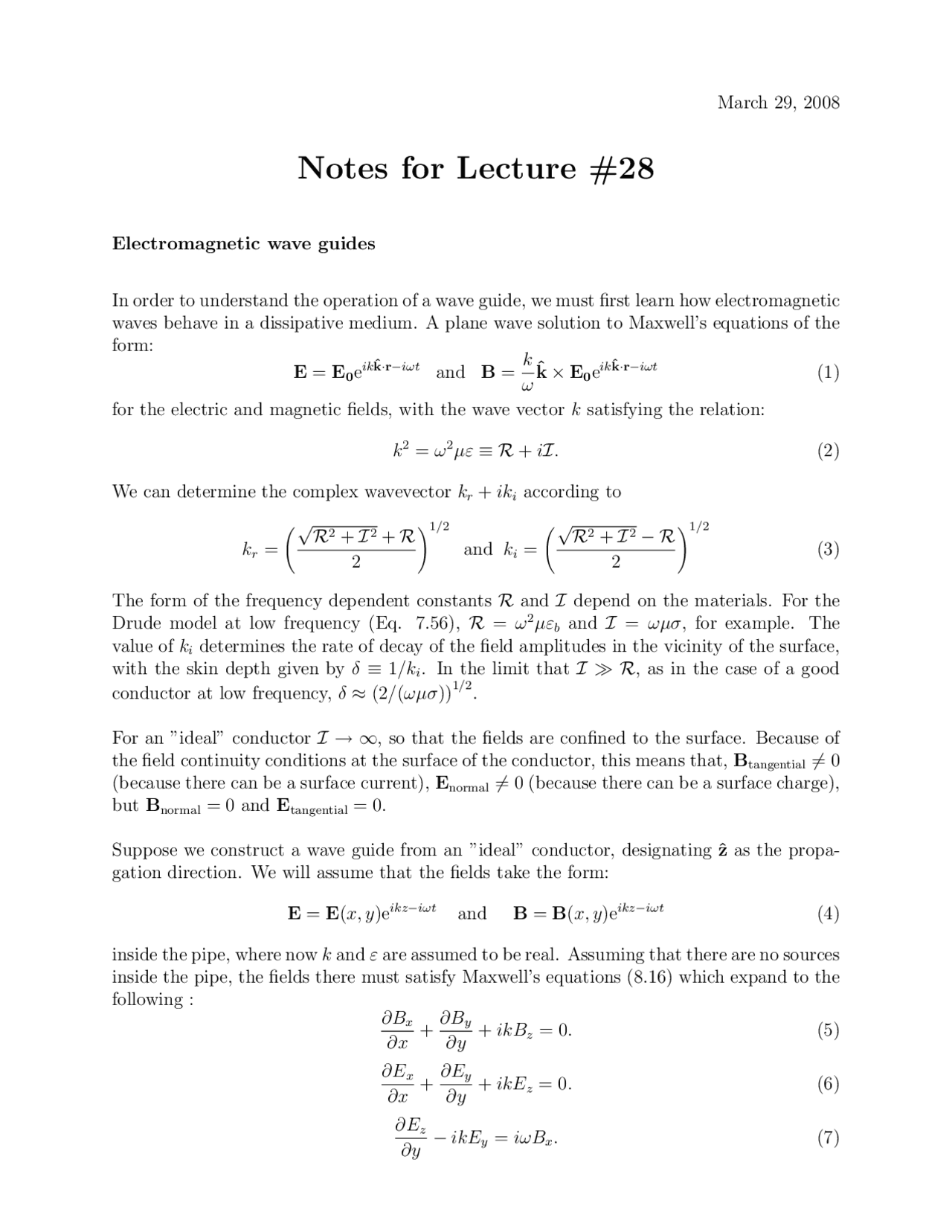 Electromagnetic Waveguide Electromagnetism Notes Phy 712 Docsity