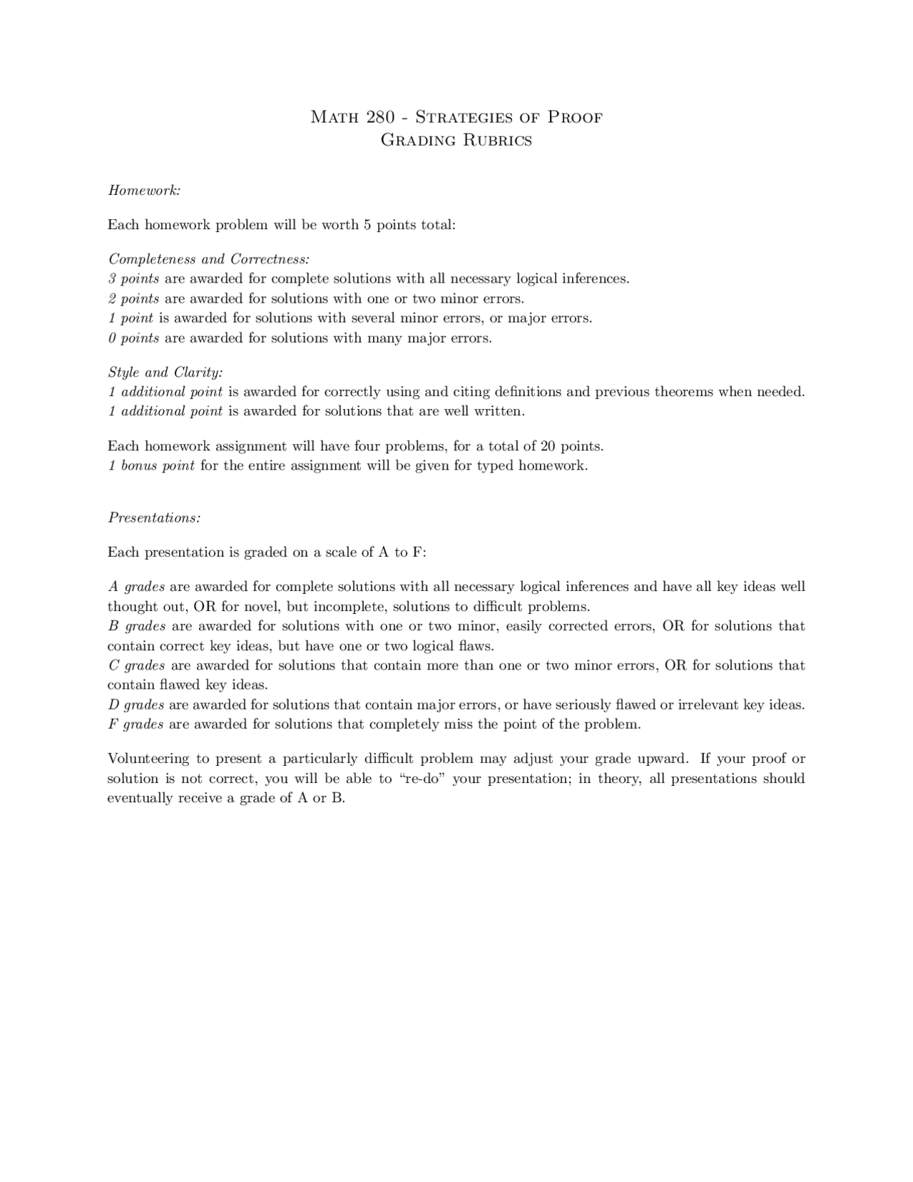 Grading Rubrics - Homework - Strategies of Proof | MATH 280 - Docsity