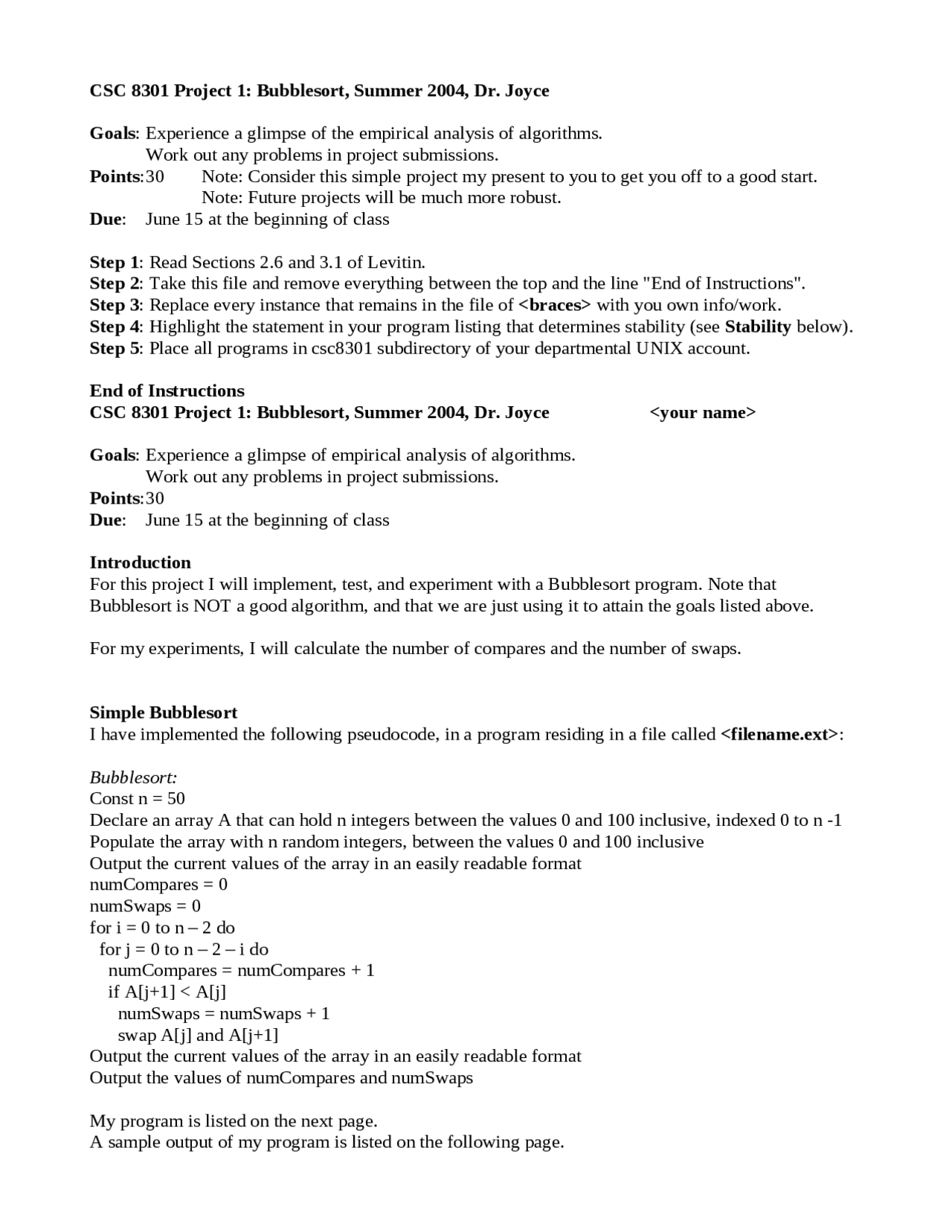Notes On Bubble Sort Design And Analysis Of Algorithms Project 1 Csc 8301 Docsity
