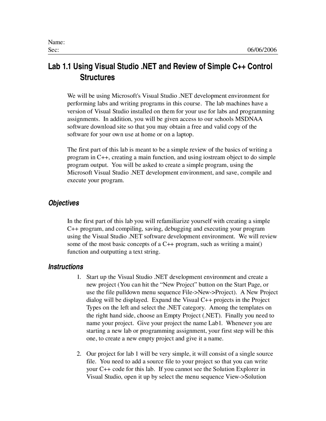 Using Visual Studio, Net and Review of Simple C++ Control Structures | CSCI 152 - Docsity