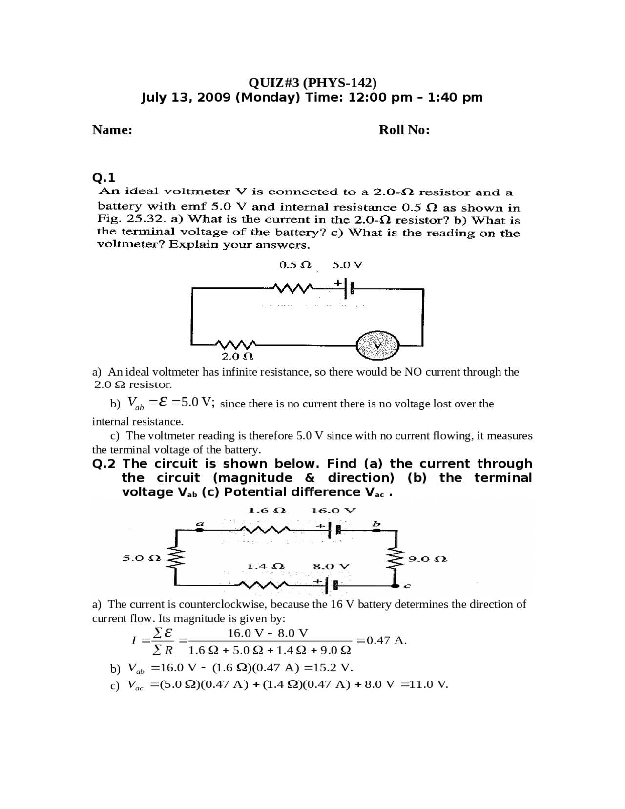 Exercises On Electrical Circuits Phys 142 Docsity