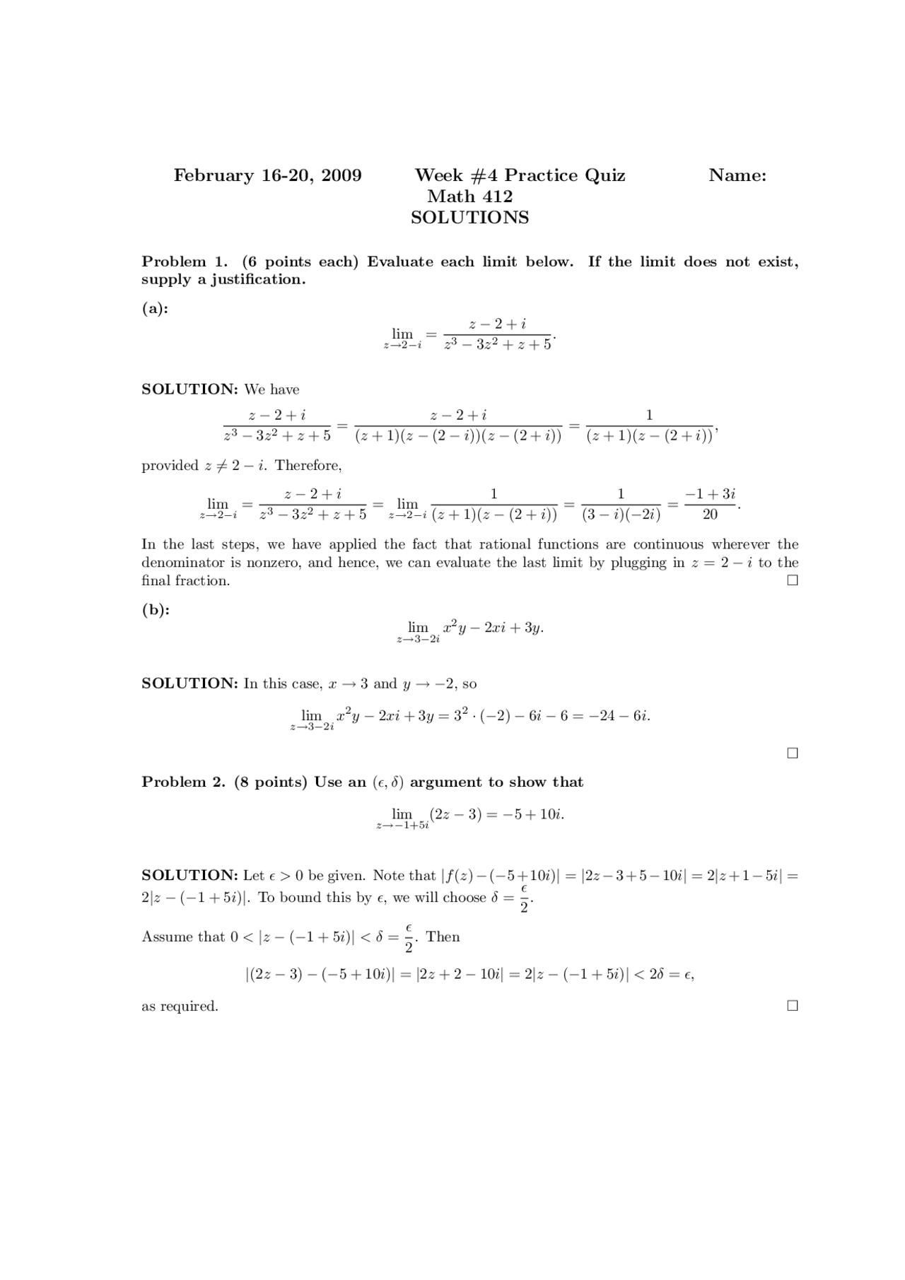 Complex Analysis Solved Practice Quiz 4 Math 412 Docsity