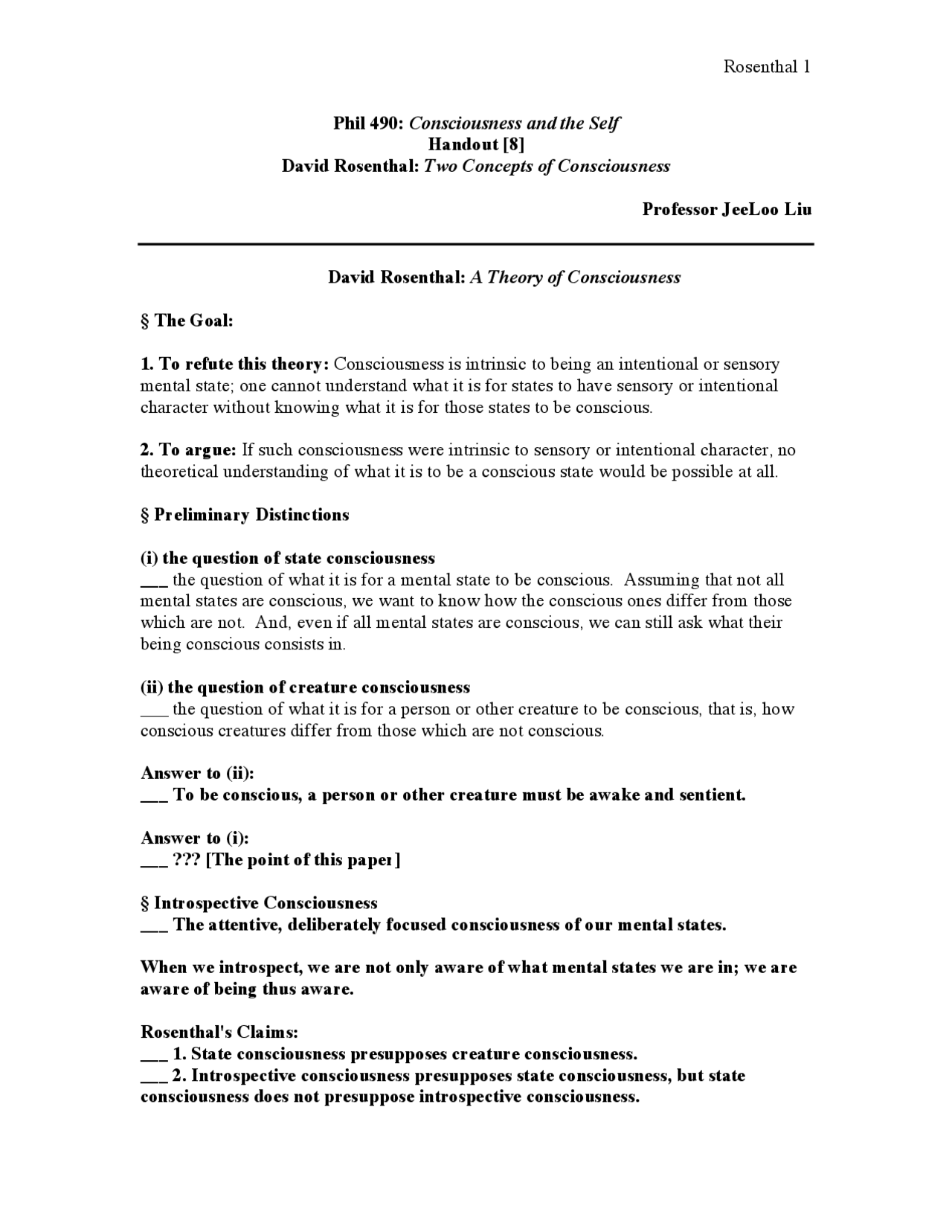 Consciousness And The Self Thesis Phil 490 Docsity