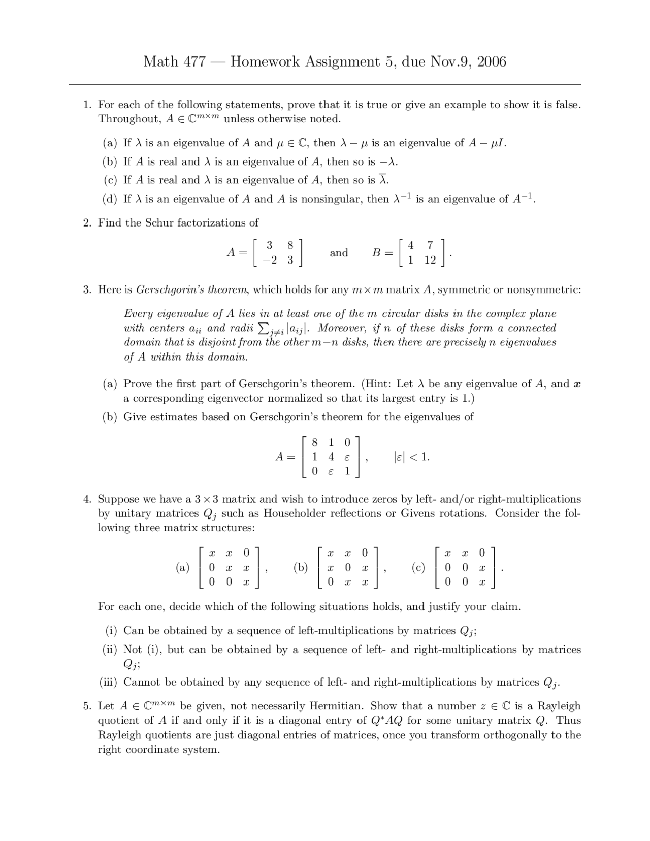 Homework 5 - Numerical Linear Algebra | MATH 477 - Docsity