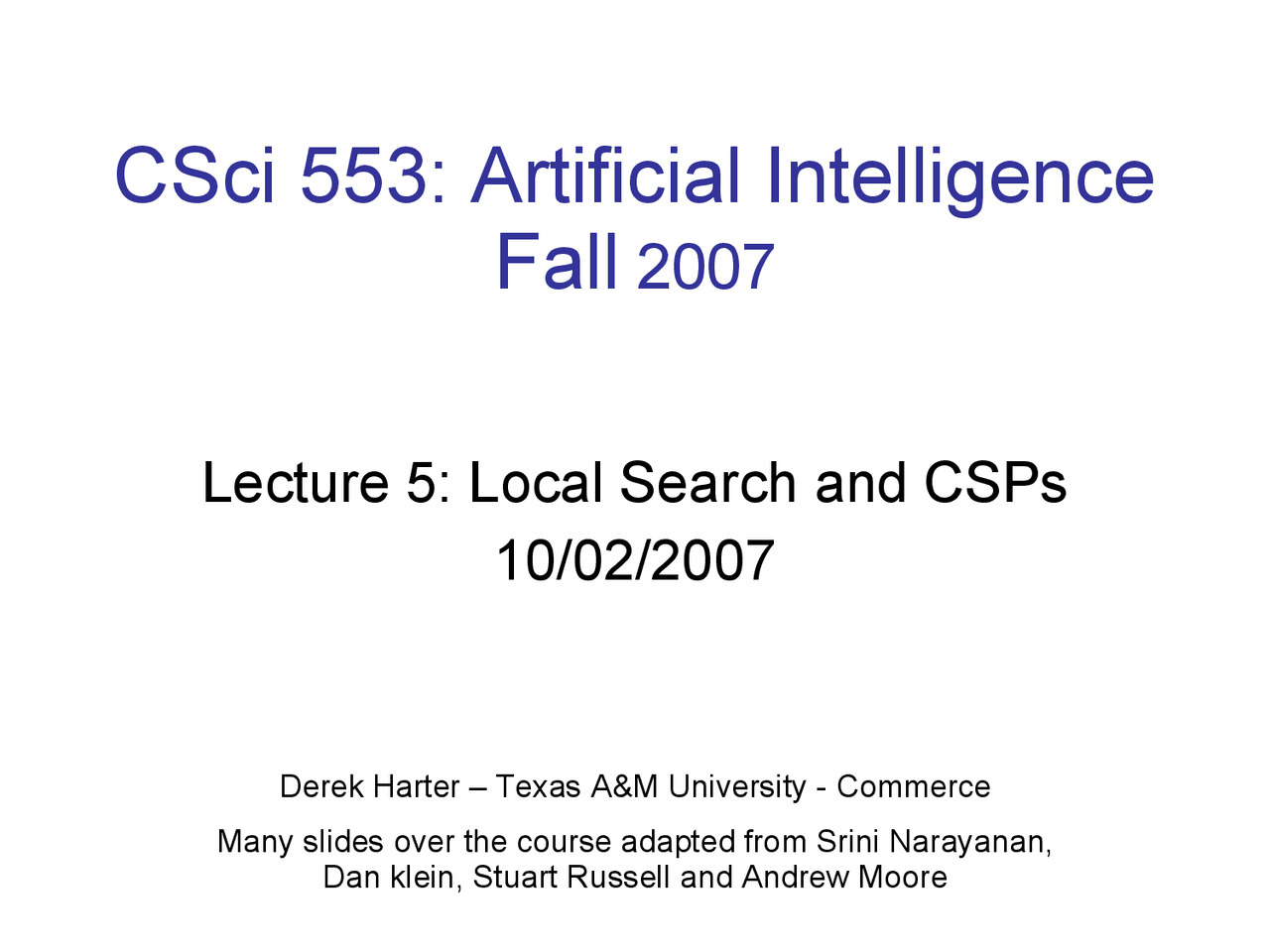 Lecture Slides On Local Search And Csps Csci 553 Docsity