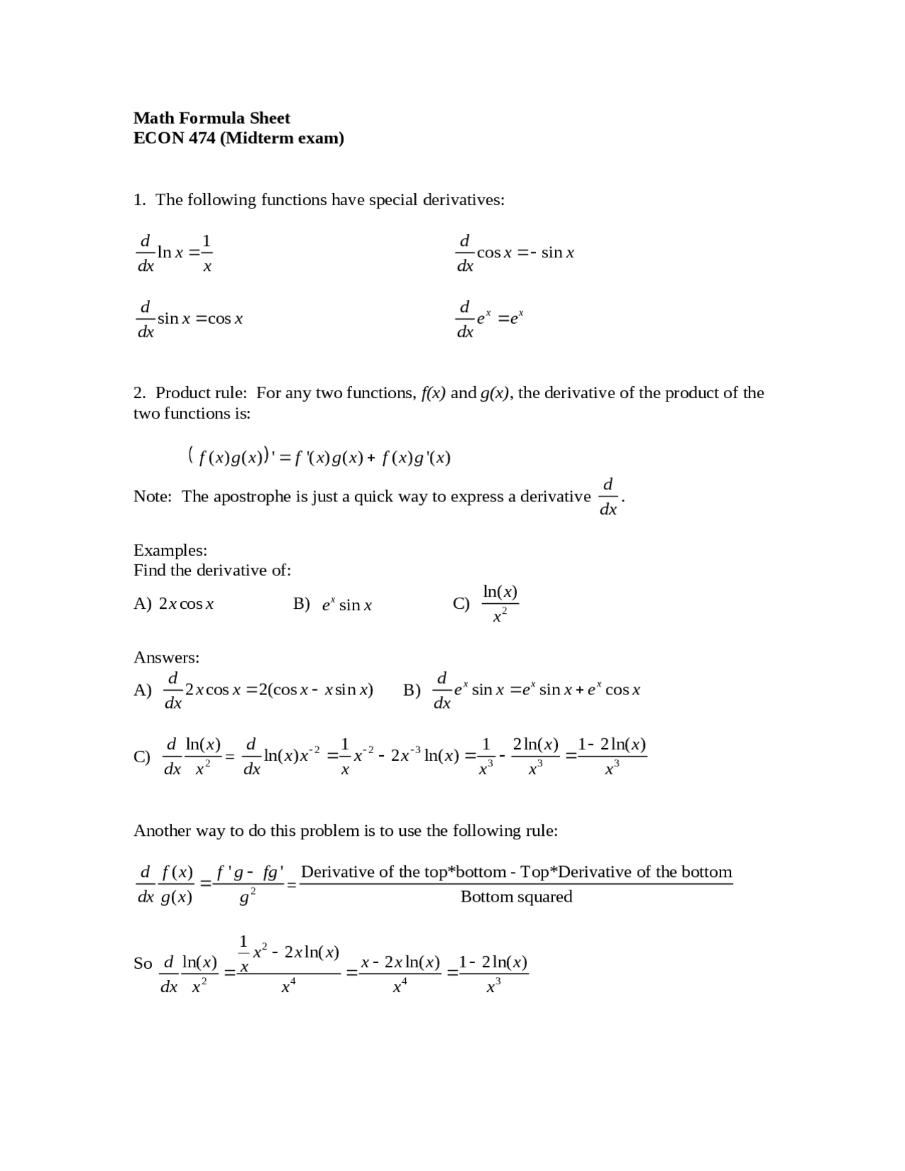 Formula Sheet for Midterm Exam - Economic Development | ECON 474 ...