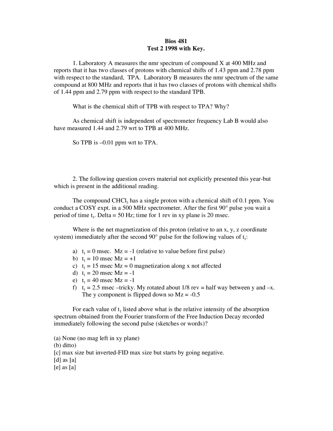 Test 2 Key For Molecular Biophysics I Bios 481 Docsity