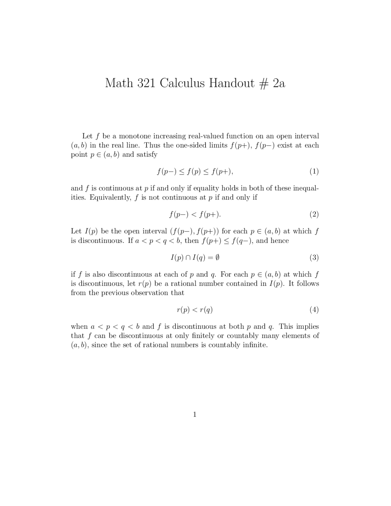 Introduction To Analysis I Calculus Handout 2a Math 321 Docsity