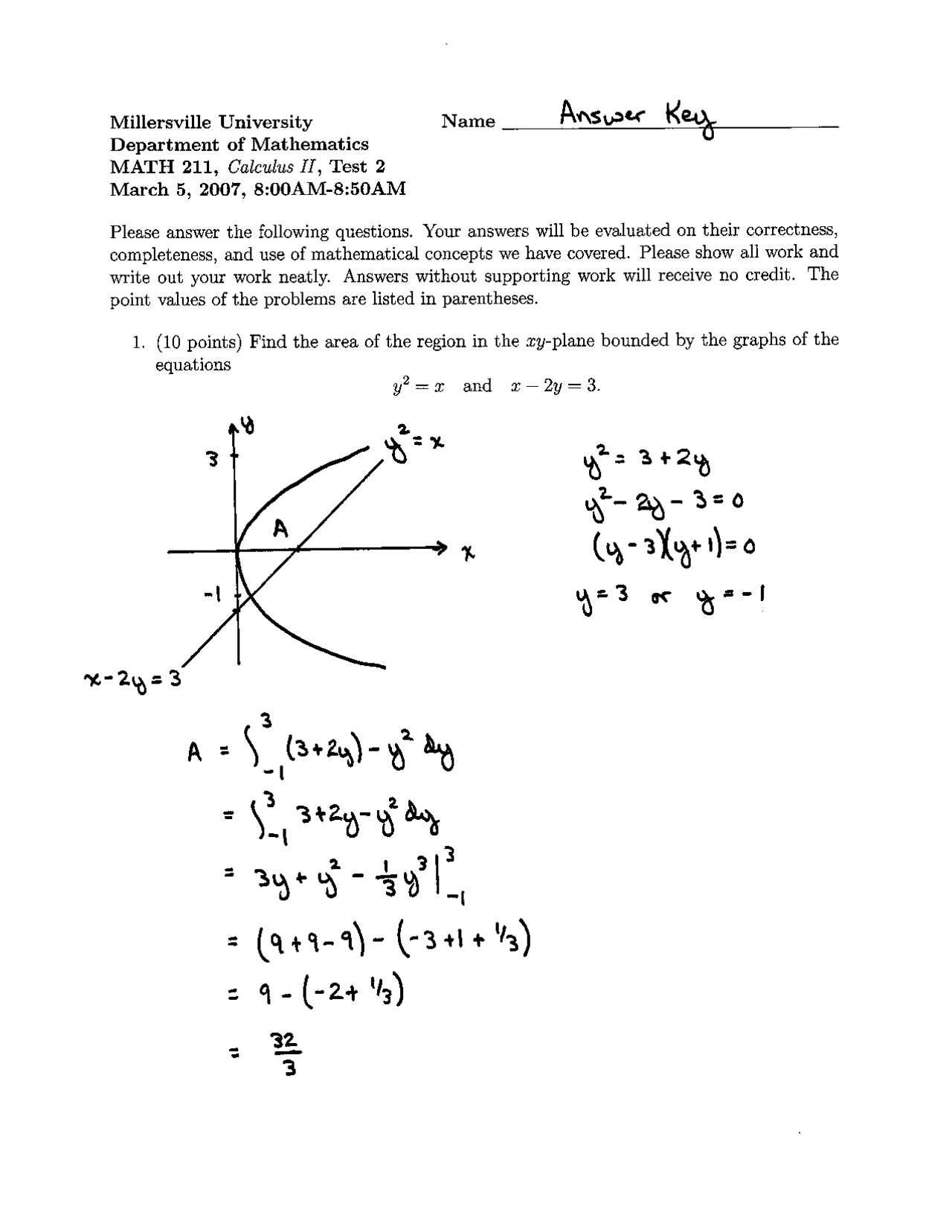 Practice Test 2 With Answer Key Calculus Ii Math 211 Docsity
