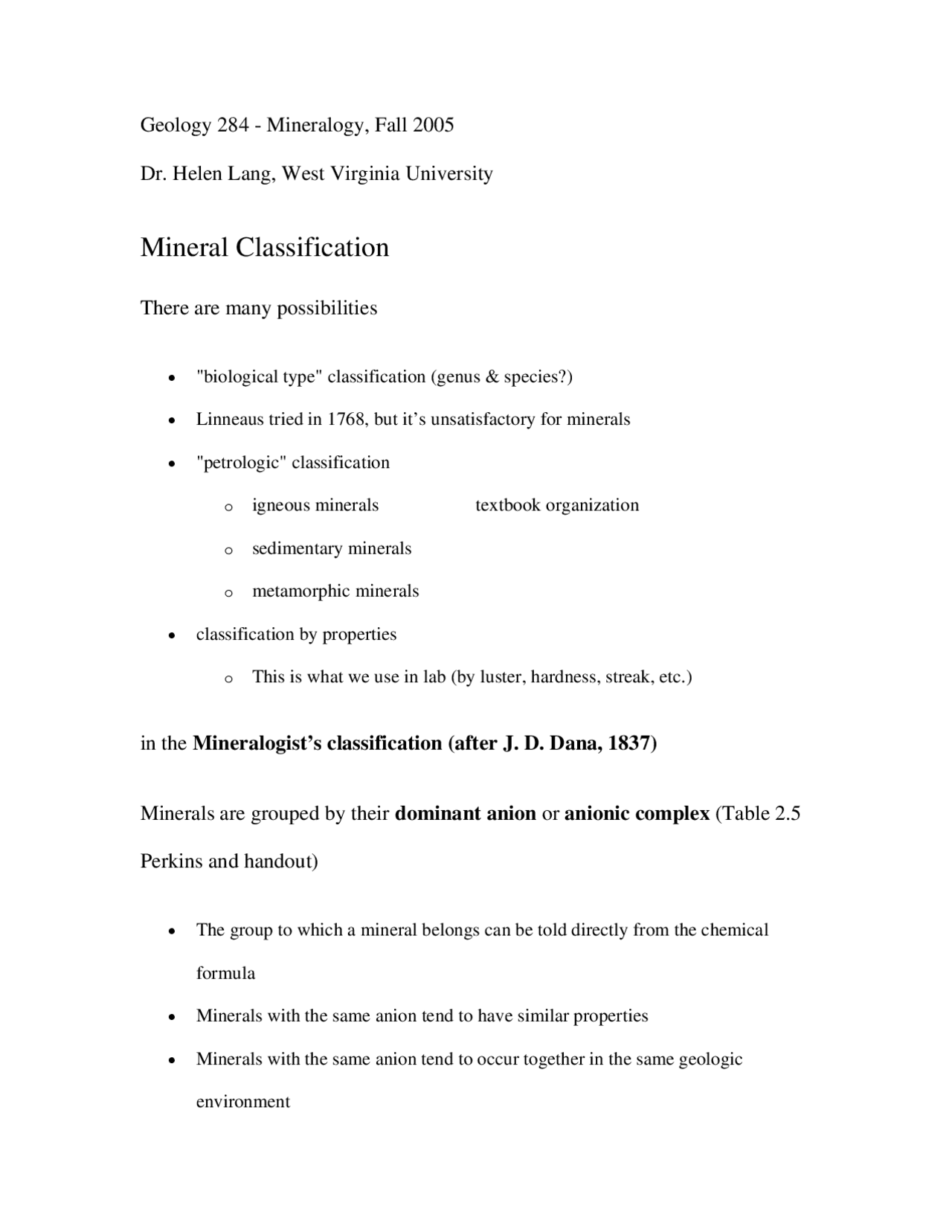 Mineral Classification Mineralogy Notes Geol 284 Docsity