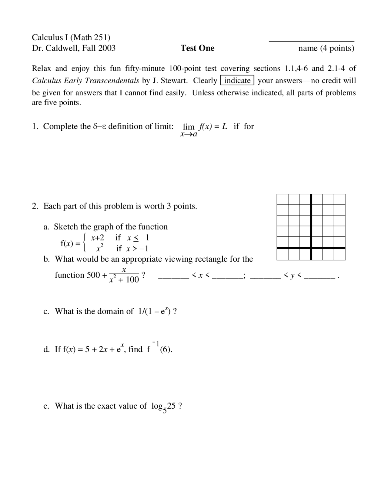 Exam Test One - Calculus I Mathematics 251 | MATH 251 - Docsity