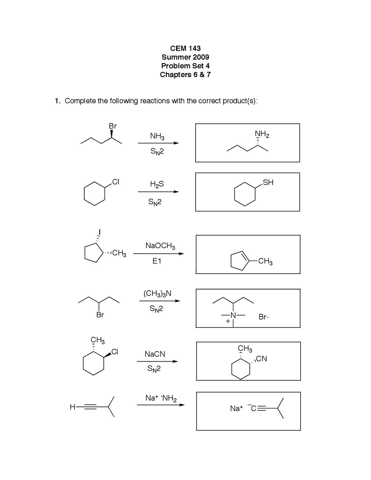 Problem Set 4 Survey Of Organic Chemistry Cem 143 Docsity