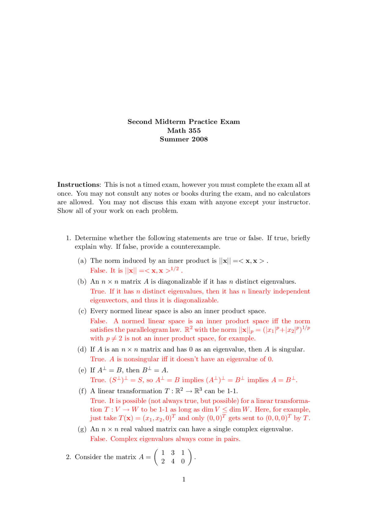 Solution To Midterm Exam Linear Algebra Math 355 Docsity