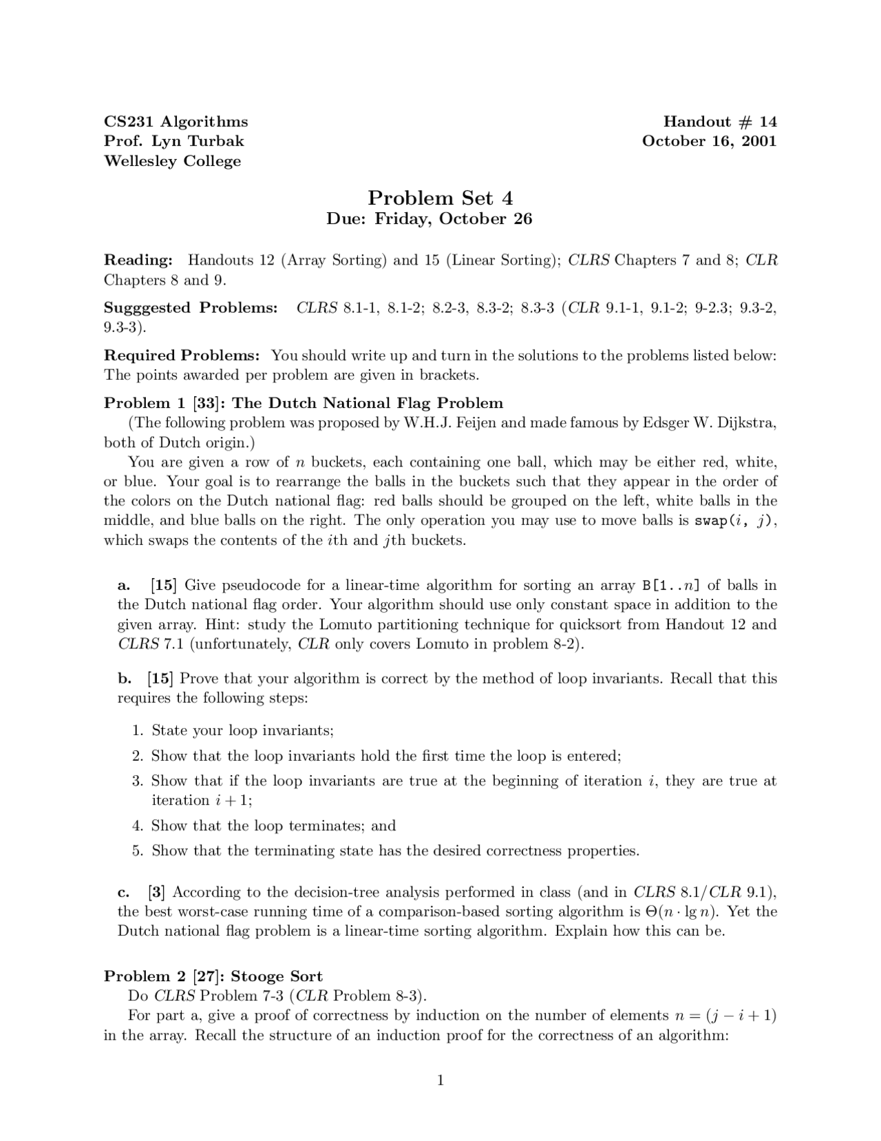 Problem Set 4 Fundamental Algorithms Fall 2001 Cs 231 Docsity