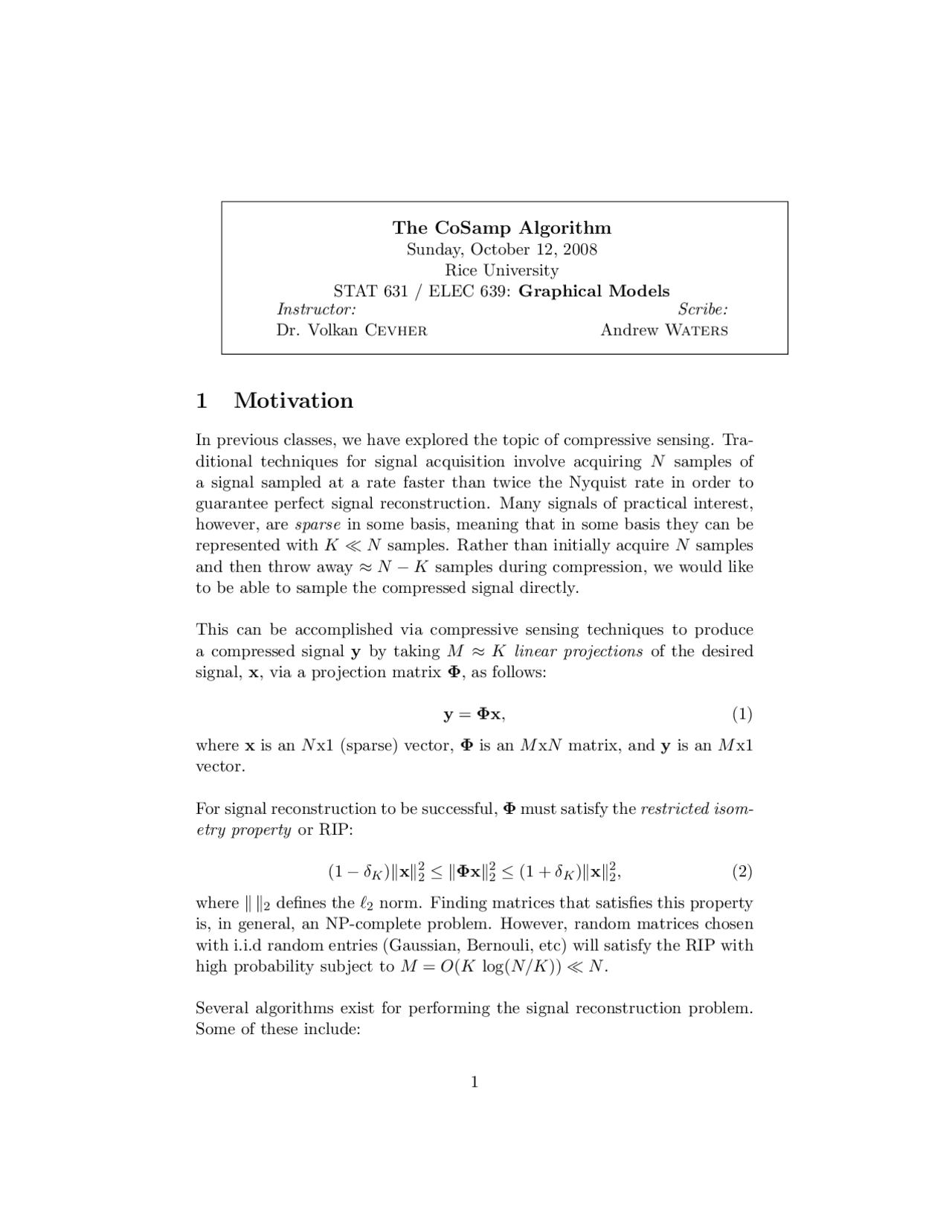 The Cosamp Algorithm Graphical Models Stat 631 Docsity 2990