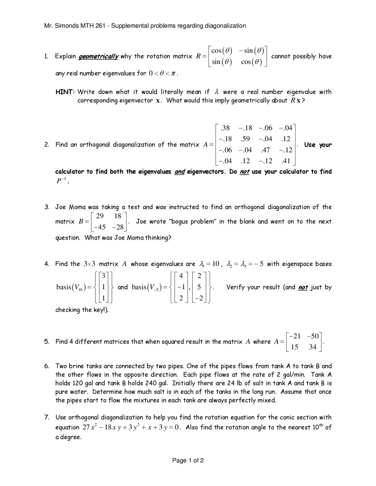 Supplemental Problems Regarding Diagonalization Exam Notes Mth 261