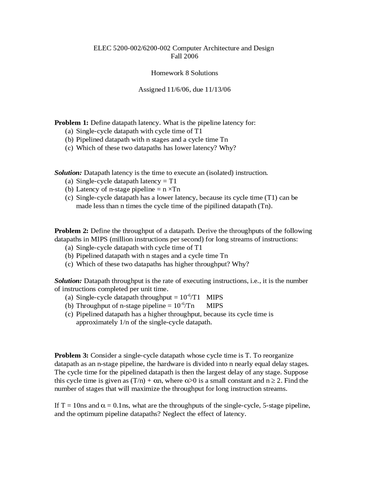 Solutions To Homework 8 Computer Architecture And Design Elec 5200 Docsity