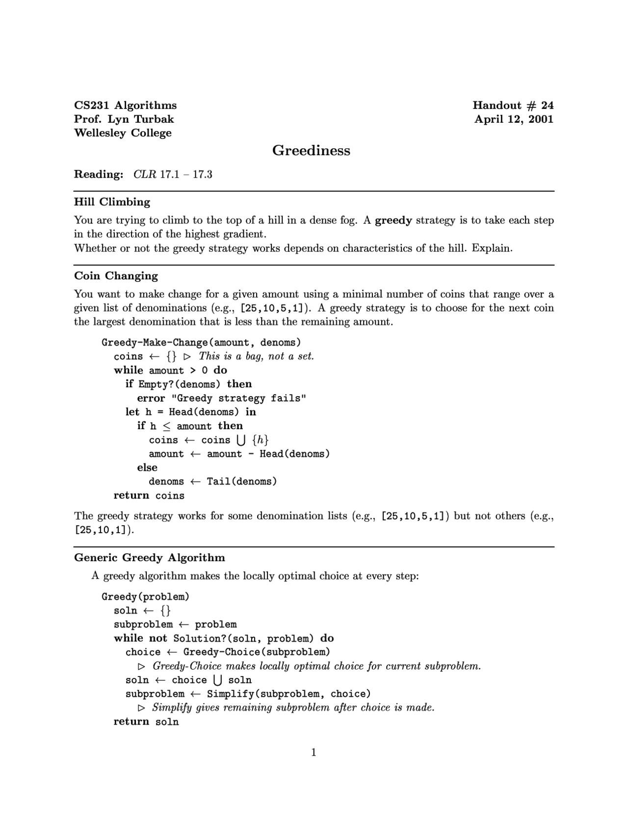 Greediness Fundamental Algorithms Handout Notes Cs 231 Docsity