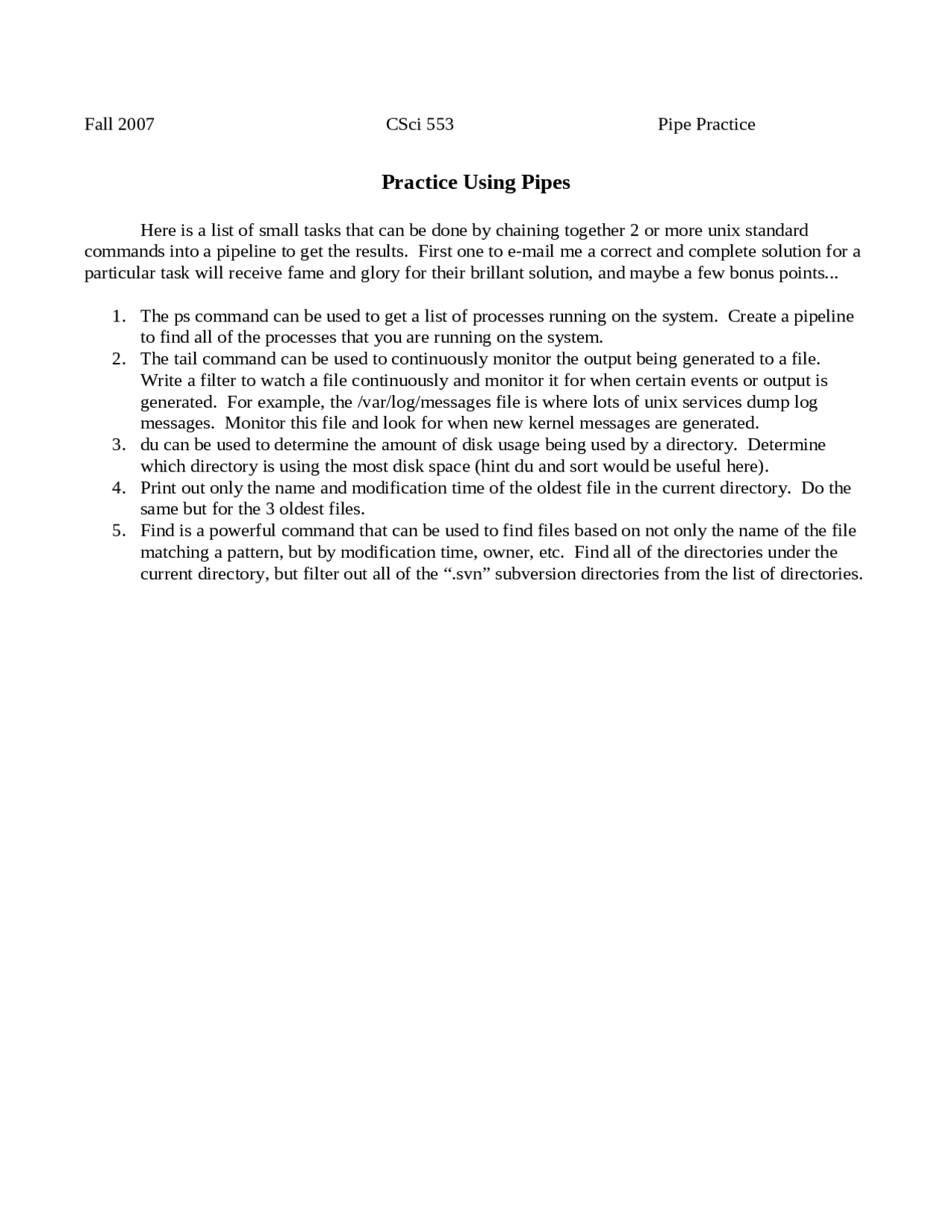 Practice Using Pipes Lecture Notes Csci 553 Docsity