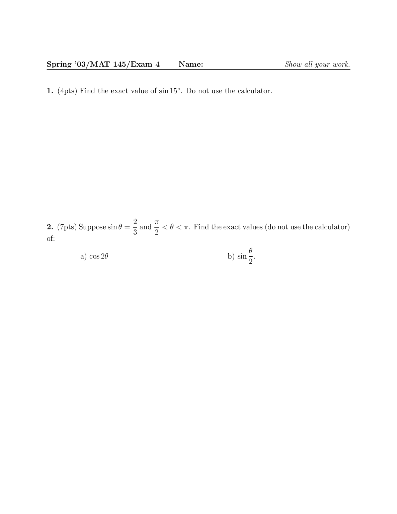 Practice Exam 4 For Trigonometry Mat 145 Docsity