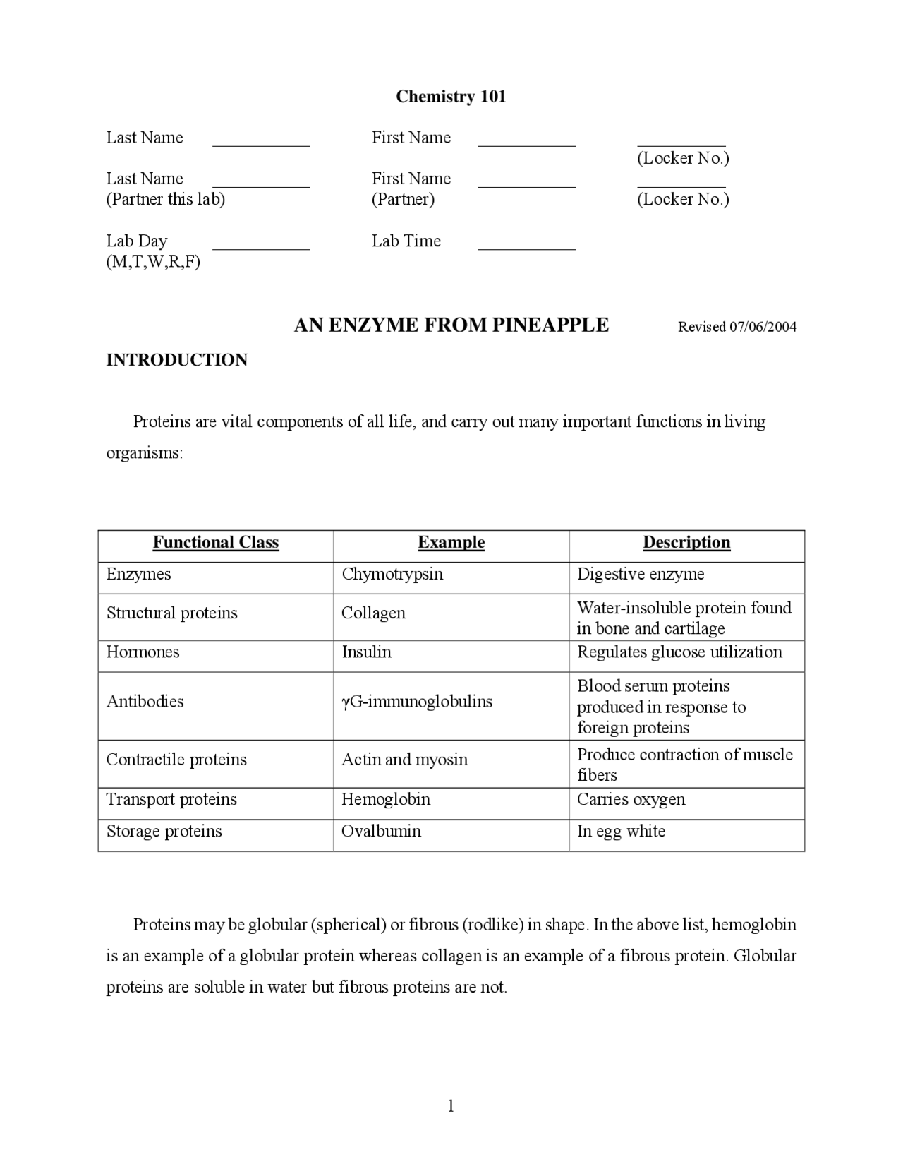 Laboratory Experiment on An Enzyme from Pineapple | CHEM 101 - Docsity