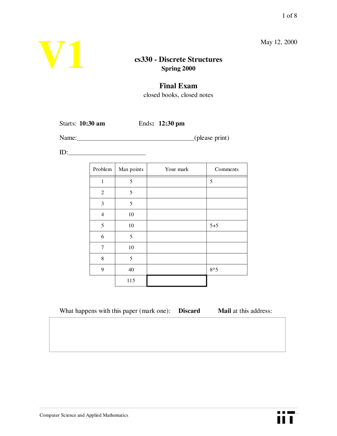 Final Exam 9 Problems On Discrete Structures Cs 330 Exams Discrete Structures And Graph