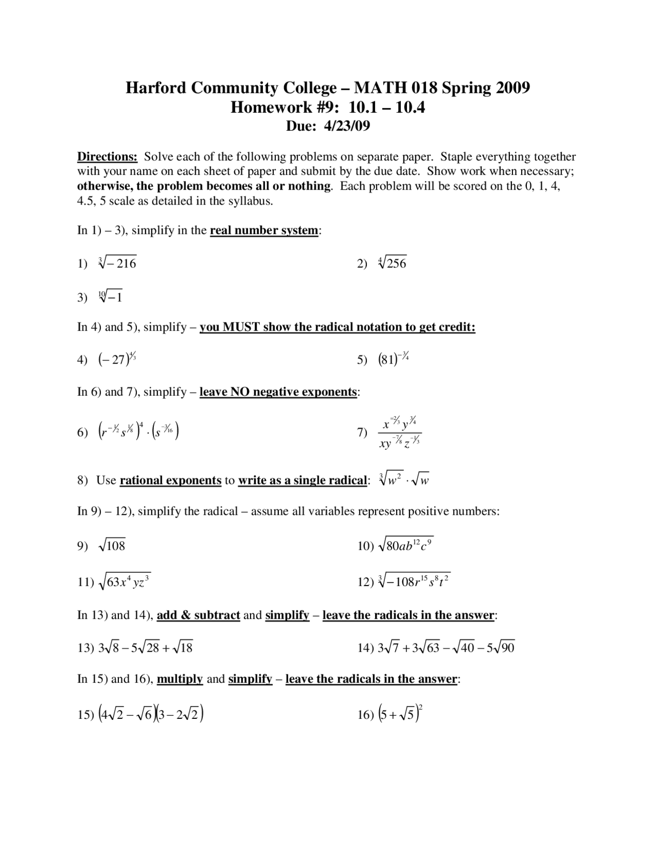 Assignment 9 Combined Algebra Fall 2009 Math 018 Docsity