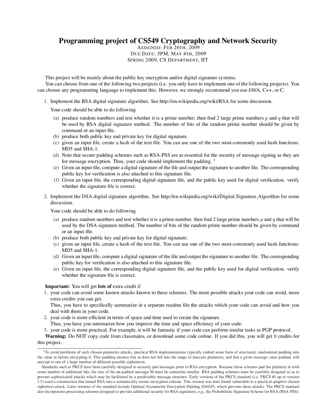 Programming Project - Cryptography and Network Security - 2009 | CS 549 - Docsity