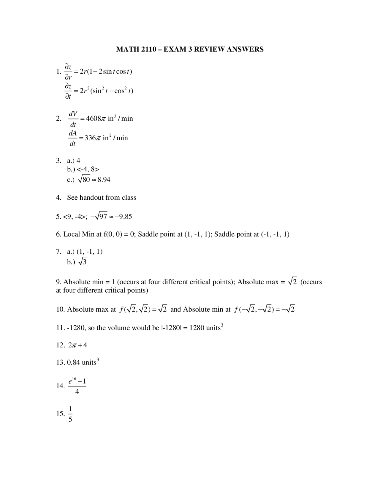 Exam 3 Review Answers Calculus And Analytic Geom Iii Math 2110