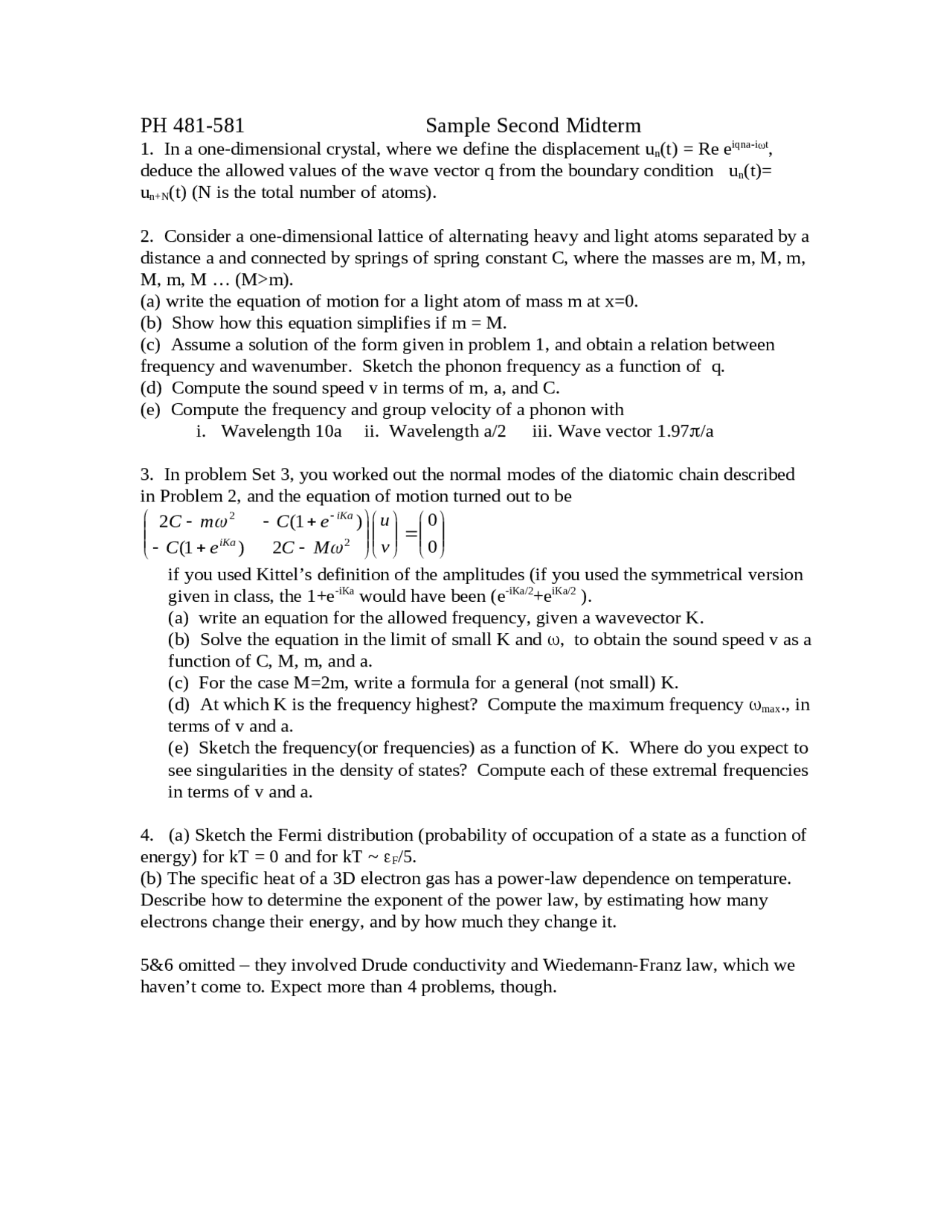 Sample Second Midterm Exam Solid State Physics Ph 481 Docsity