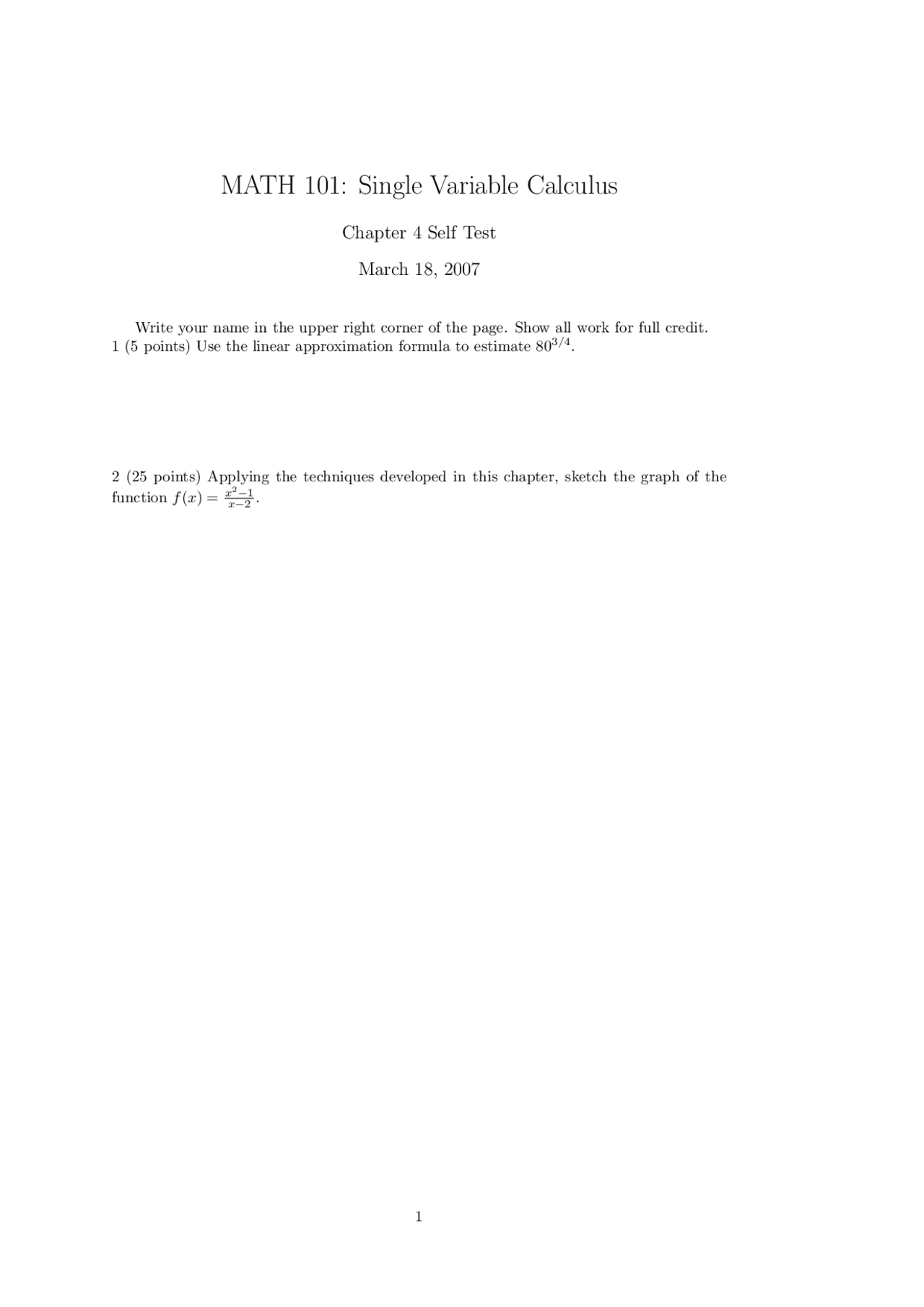 7 Questions On Single Variables Calculus I Exam Math 101 Docsity