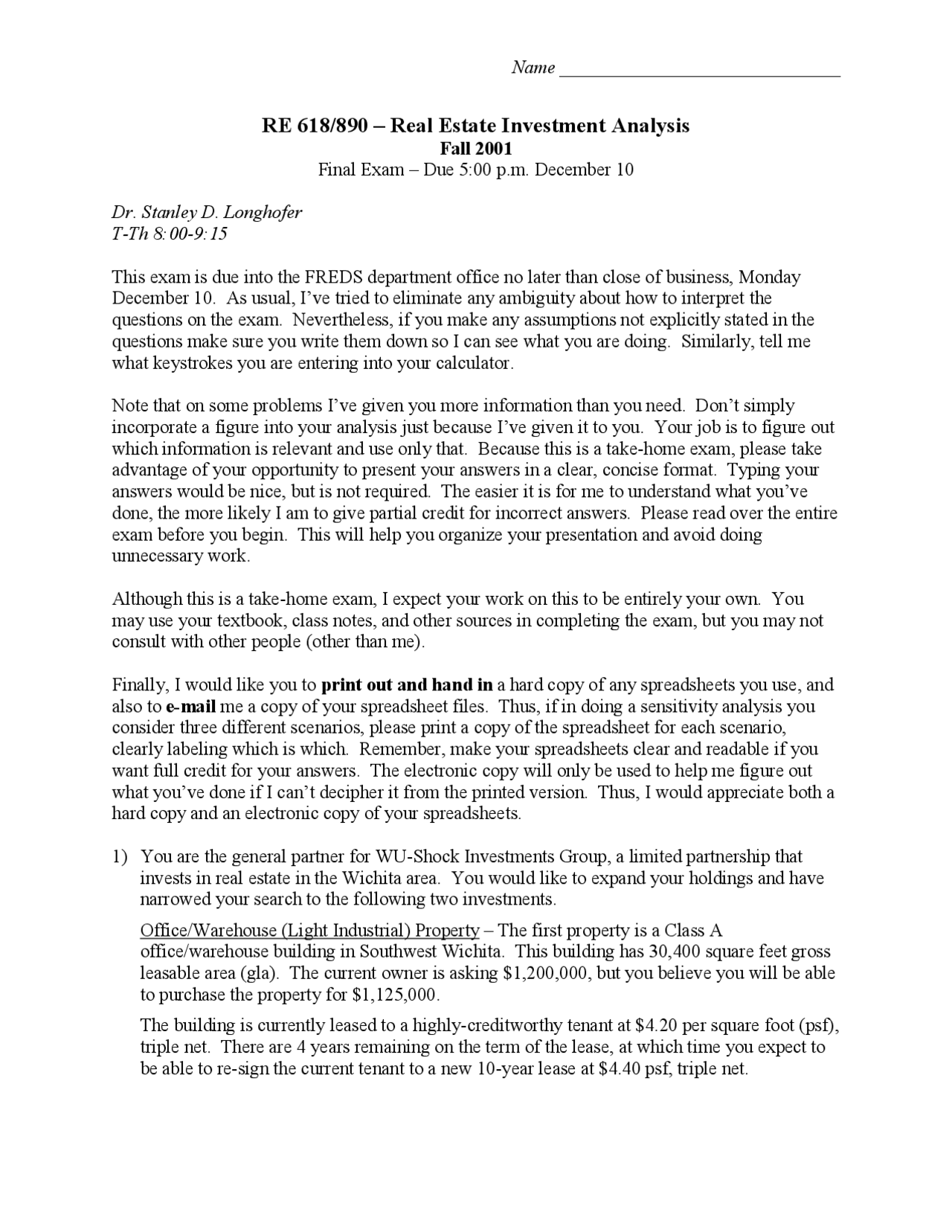 Final Test Questions On Real Estate Investment Analysis Fall 2001