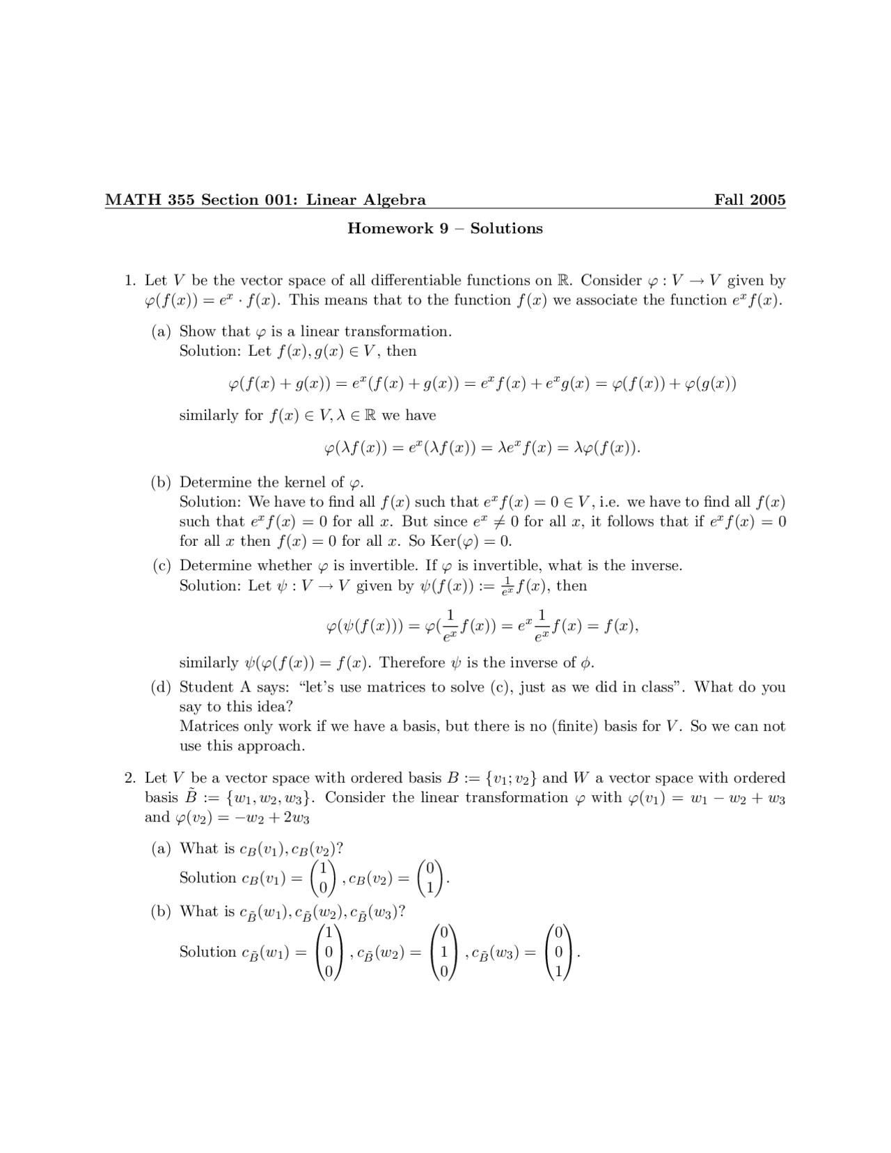 Solutions To Assignment 9 For Linear Algebra Math 355 Docsity